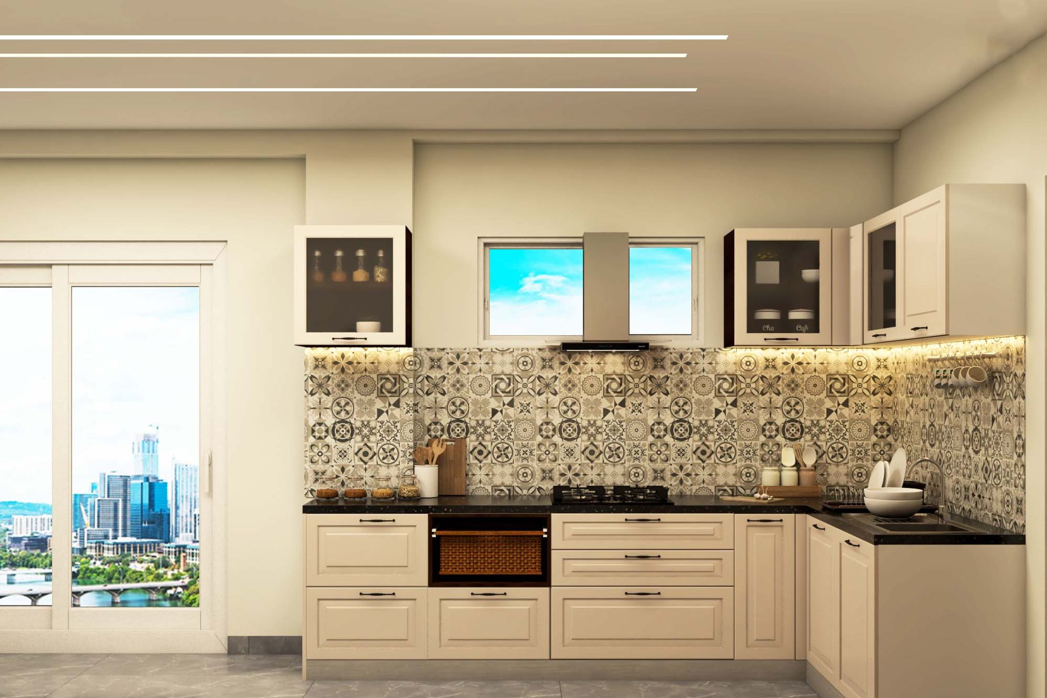 Spacious L-Shaped Kitchen Design With Classic White Profile Shutters ...