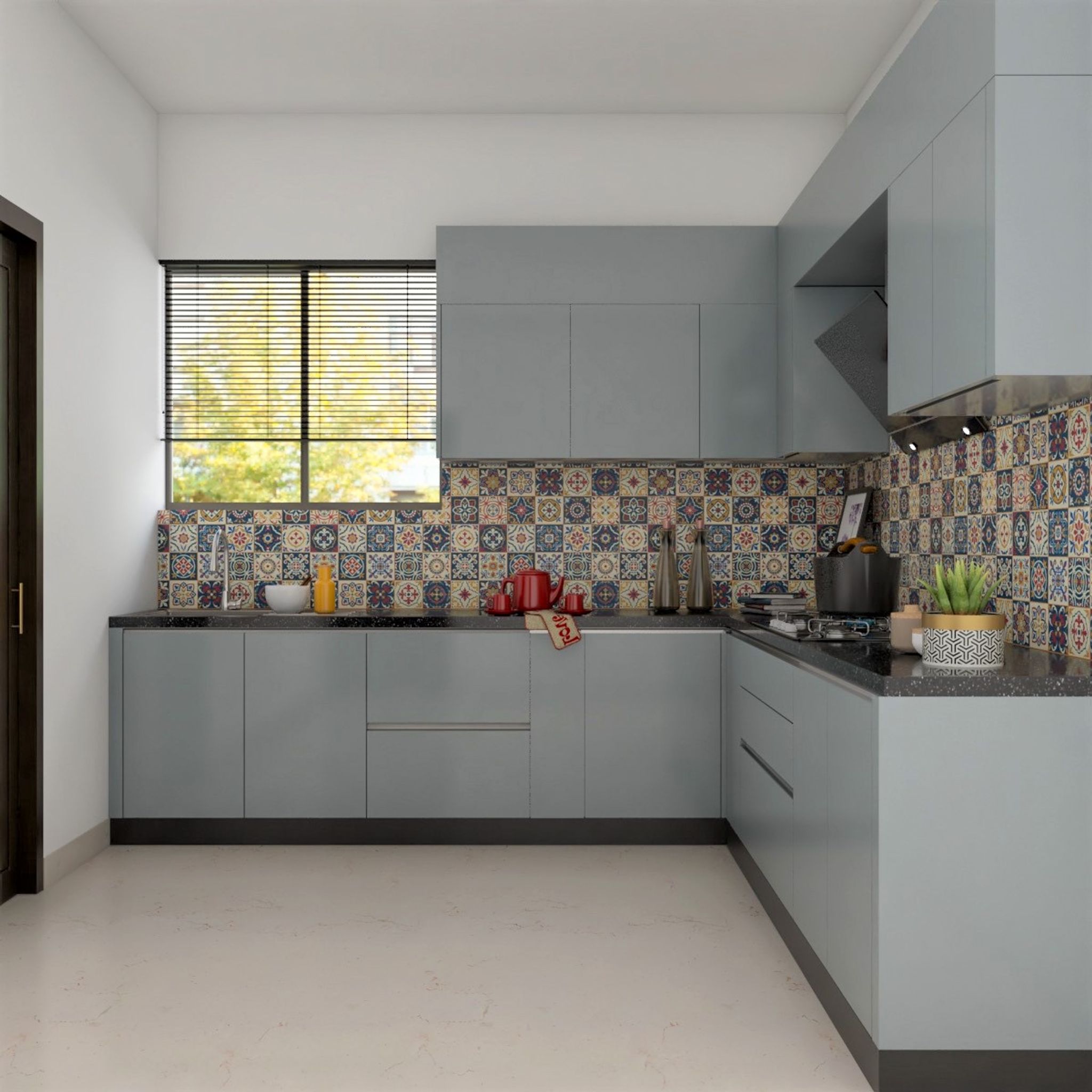 Modern Pale-Toned Kitchen Design with Geometric Dado | Livspace