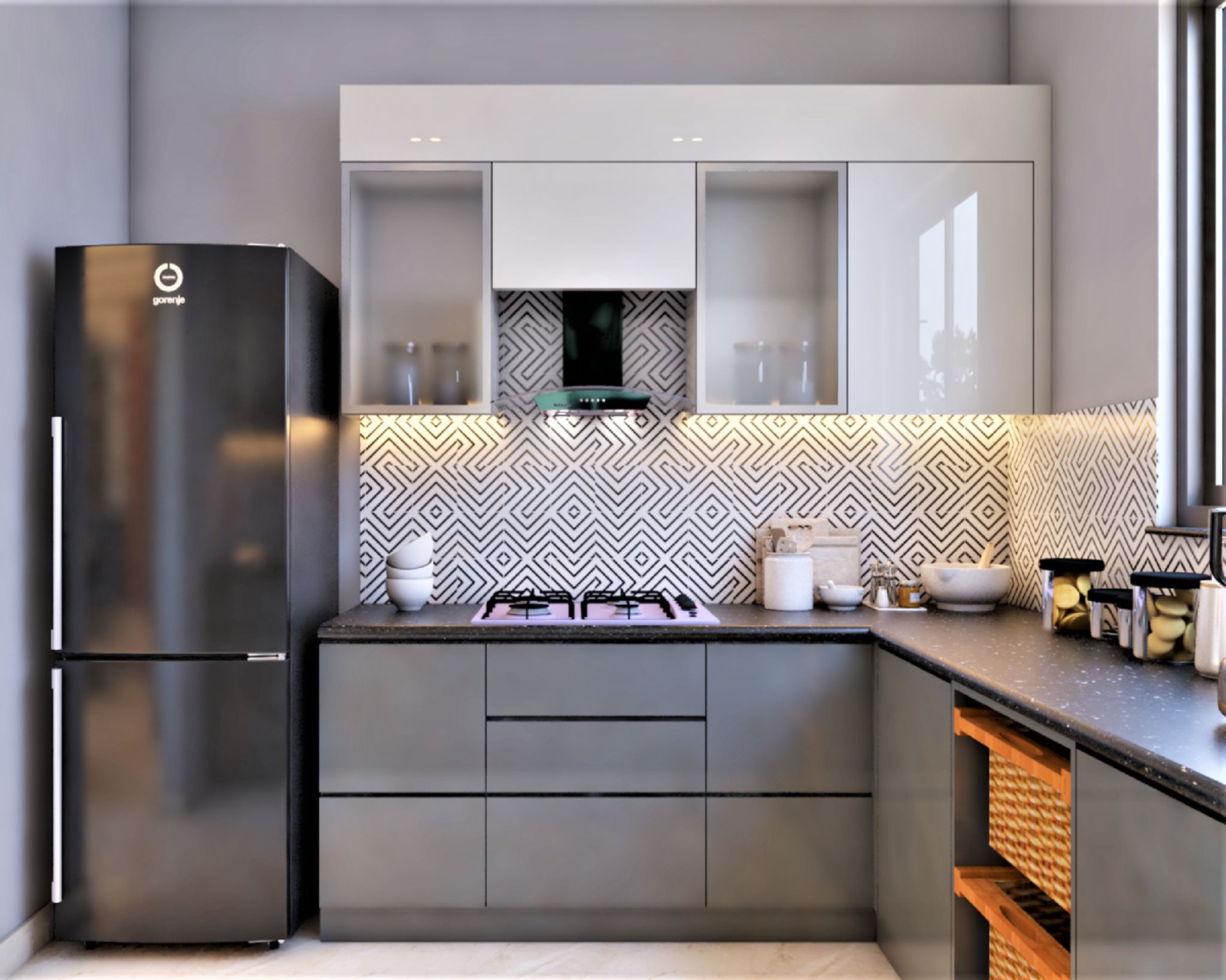 Modern Modular L-Shape Kitchen Design With Glossy Finish | Livspace