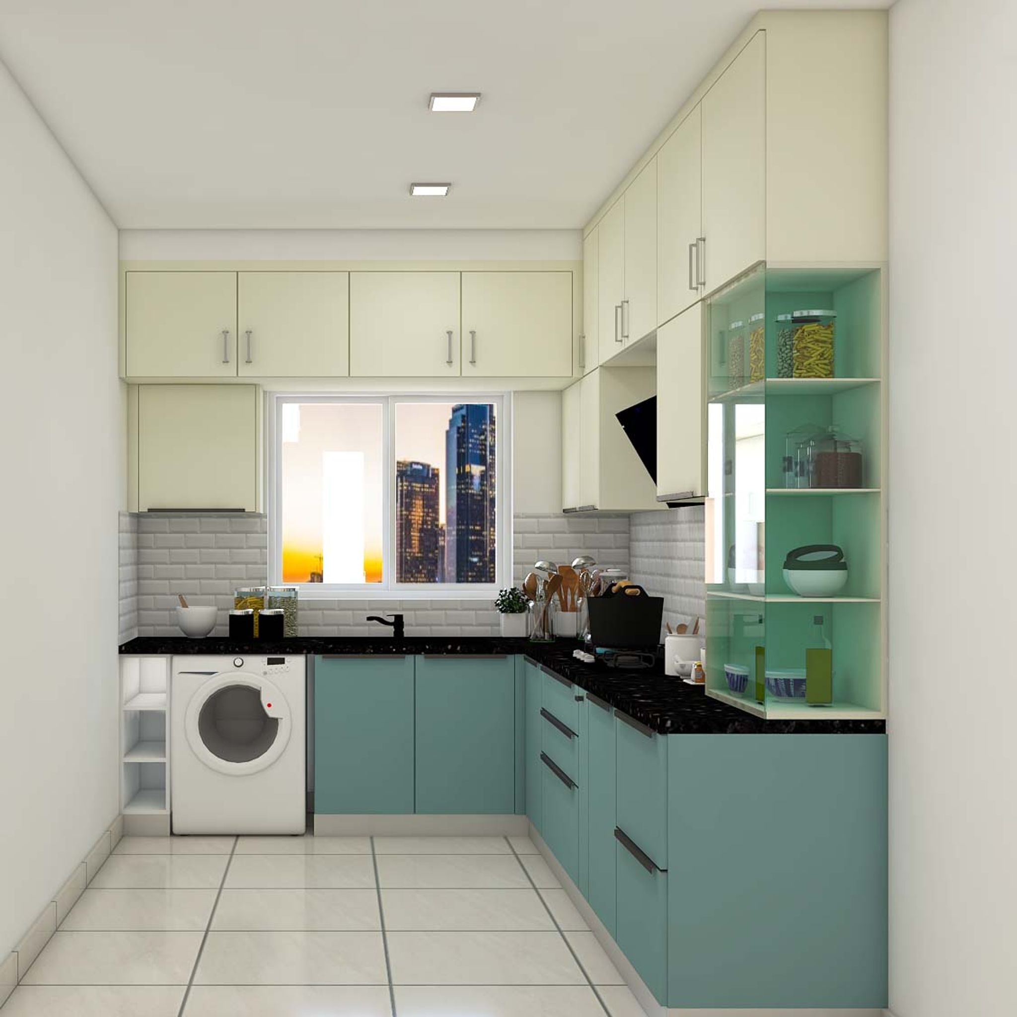 Modular Blue And White L-Shaped Kitchen Cabinets Design | Livspace