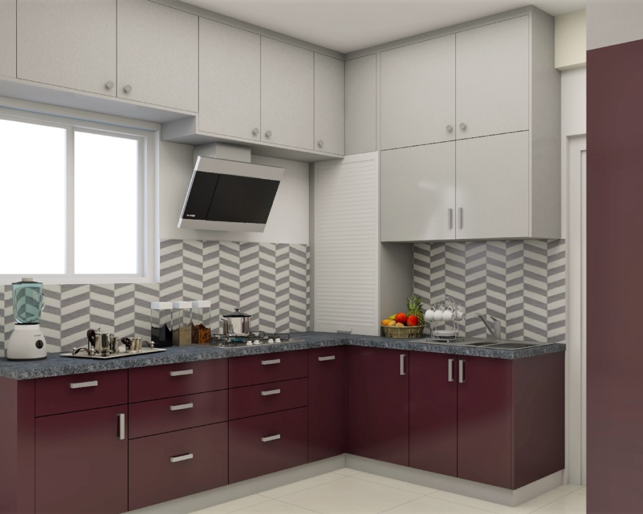 Modern Kitchen Design In Dark Maroon And White| Livspace