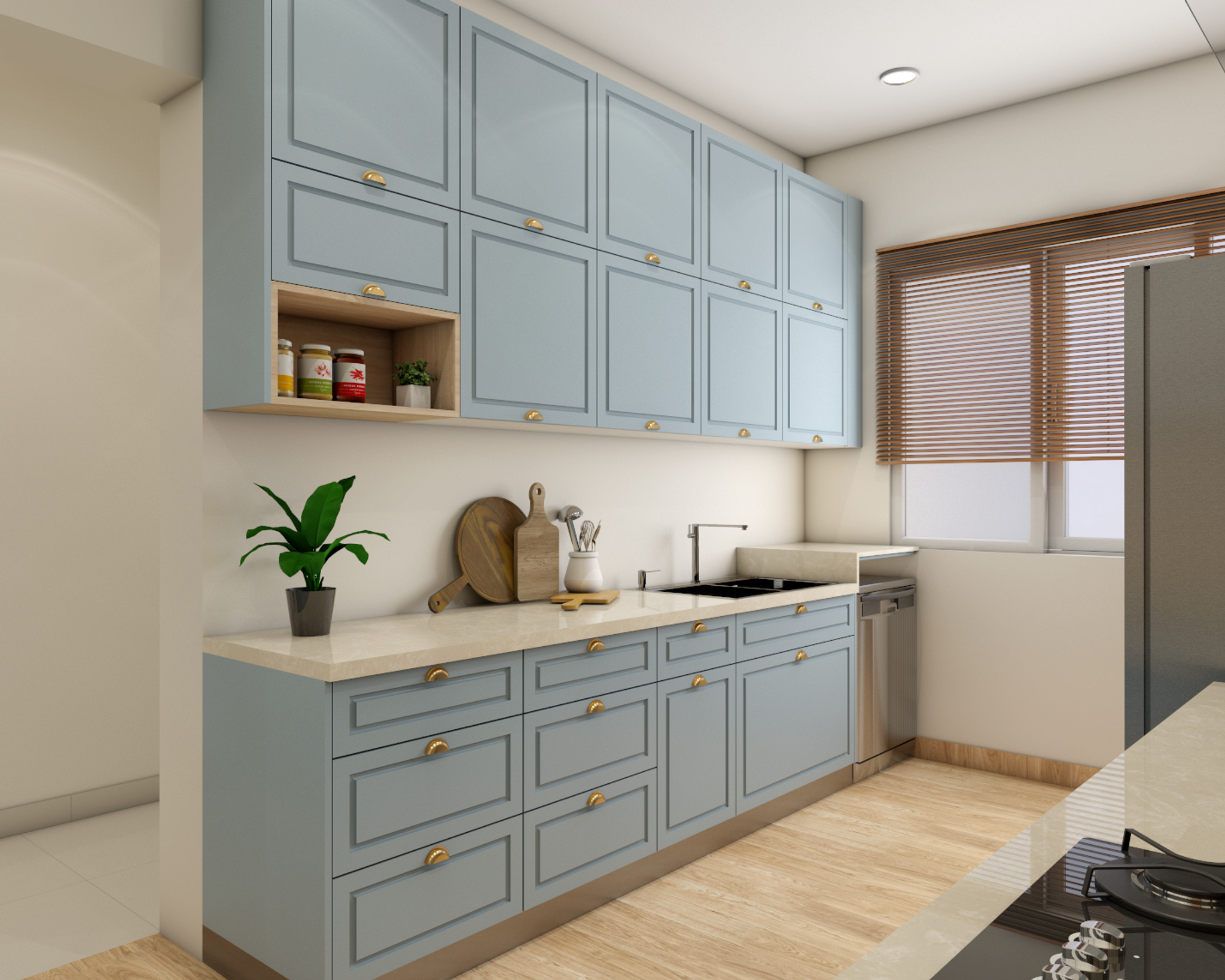 Spacious Blue And Cream Kitchen Design Idea | Livspace