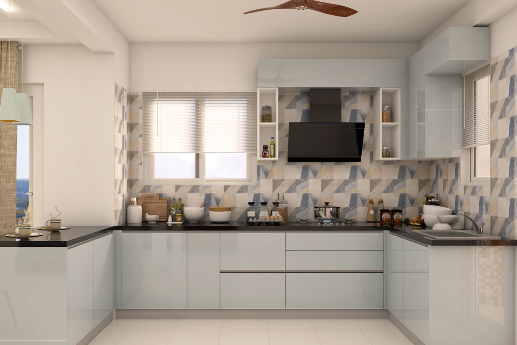 Spacious U-Shaped Kitchen Design With Glossy Shutters | Livspace