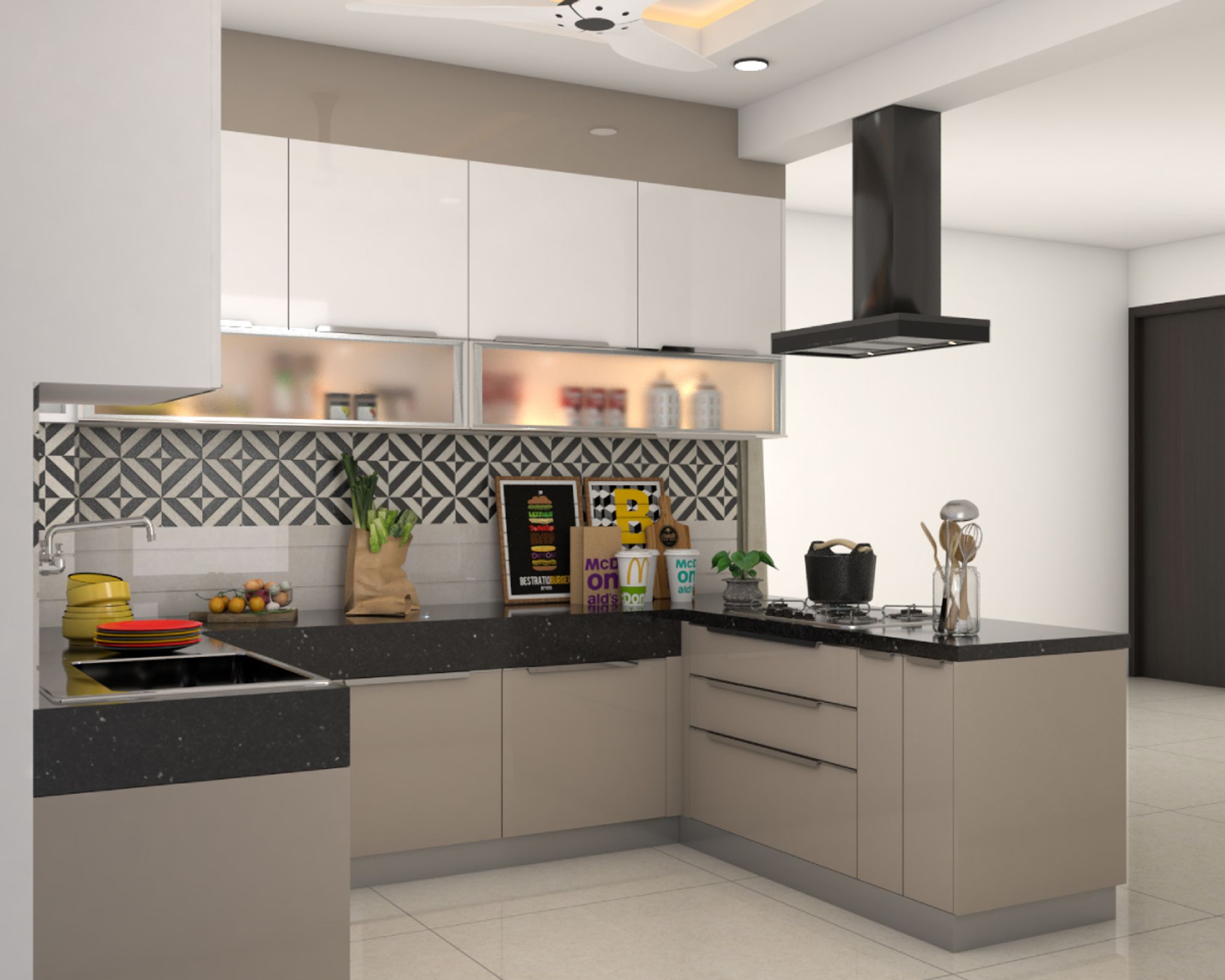 Compact U-Shaped Kitchen Design With Frosted Glass Shutters | Livspace