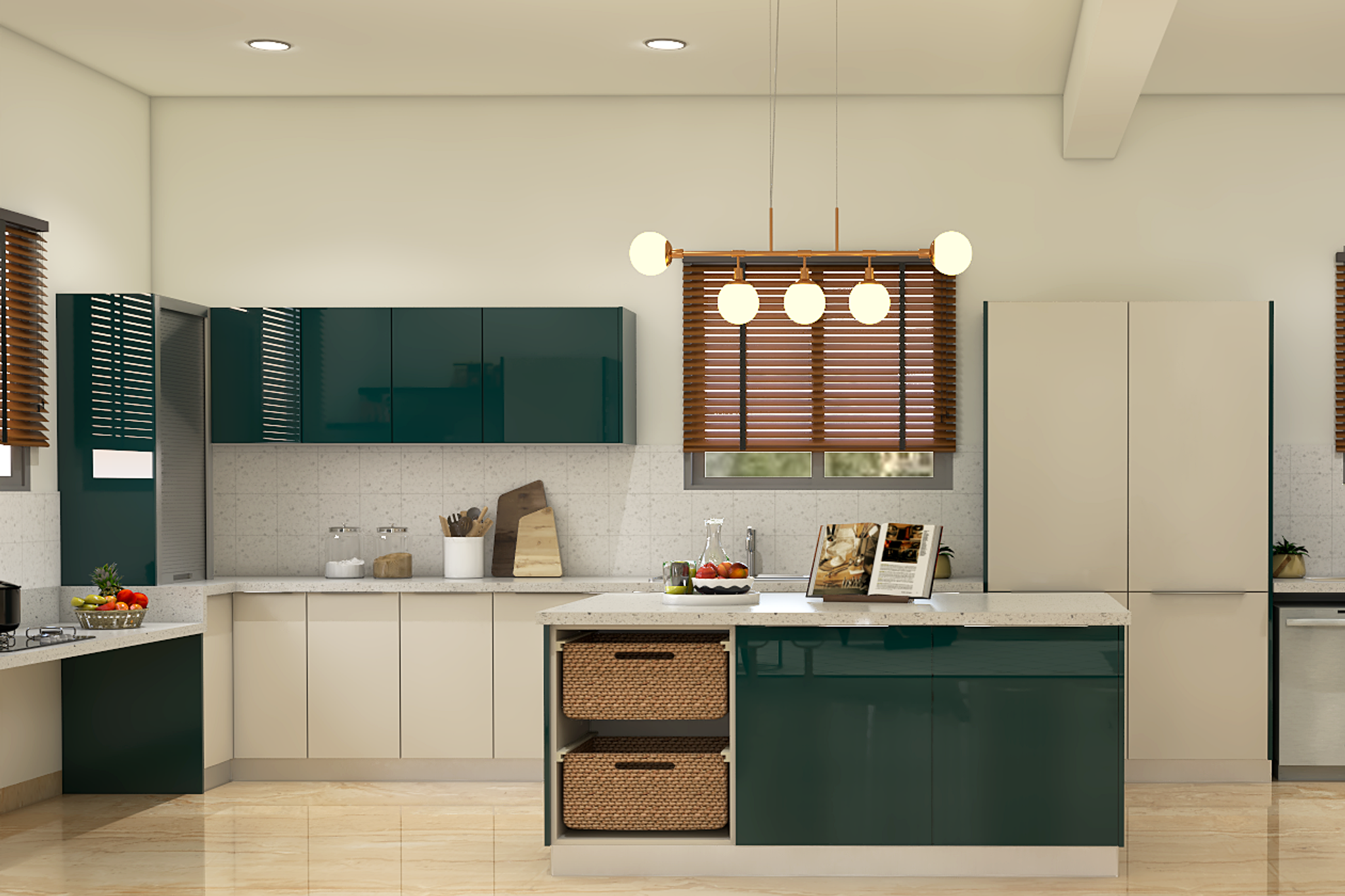Contemporary Modular Open Kitchen Design With Cream And Green Cabinets ...