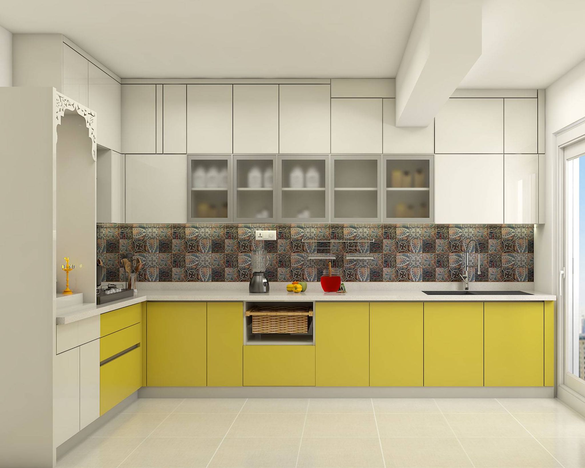 Modern L-shaped Spacious Kitchen Design With Yellow Cabinets | Livspace