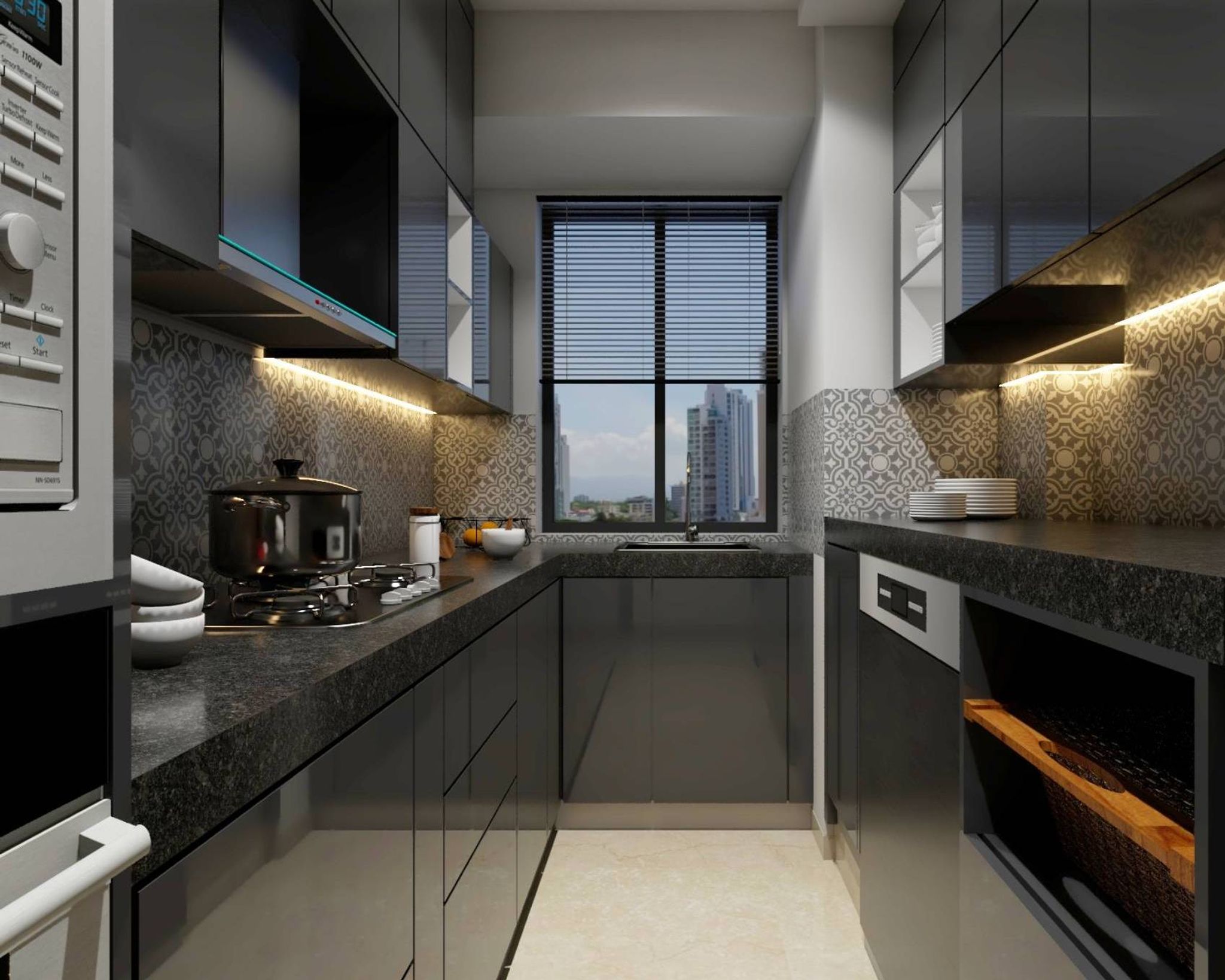 Maximum Storage Modern Style Compact Sized Kitchen Design | Livspace