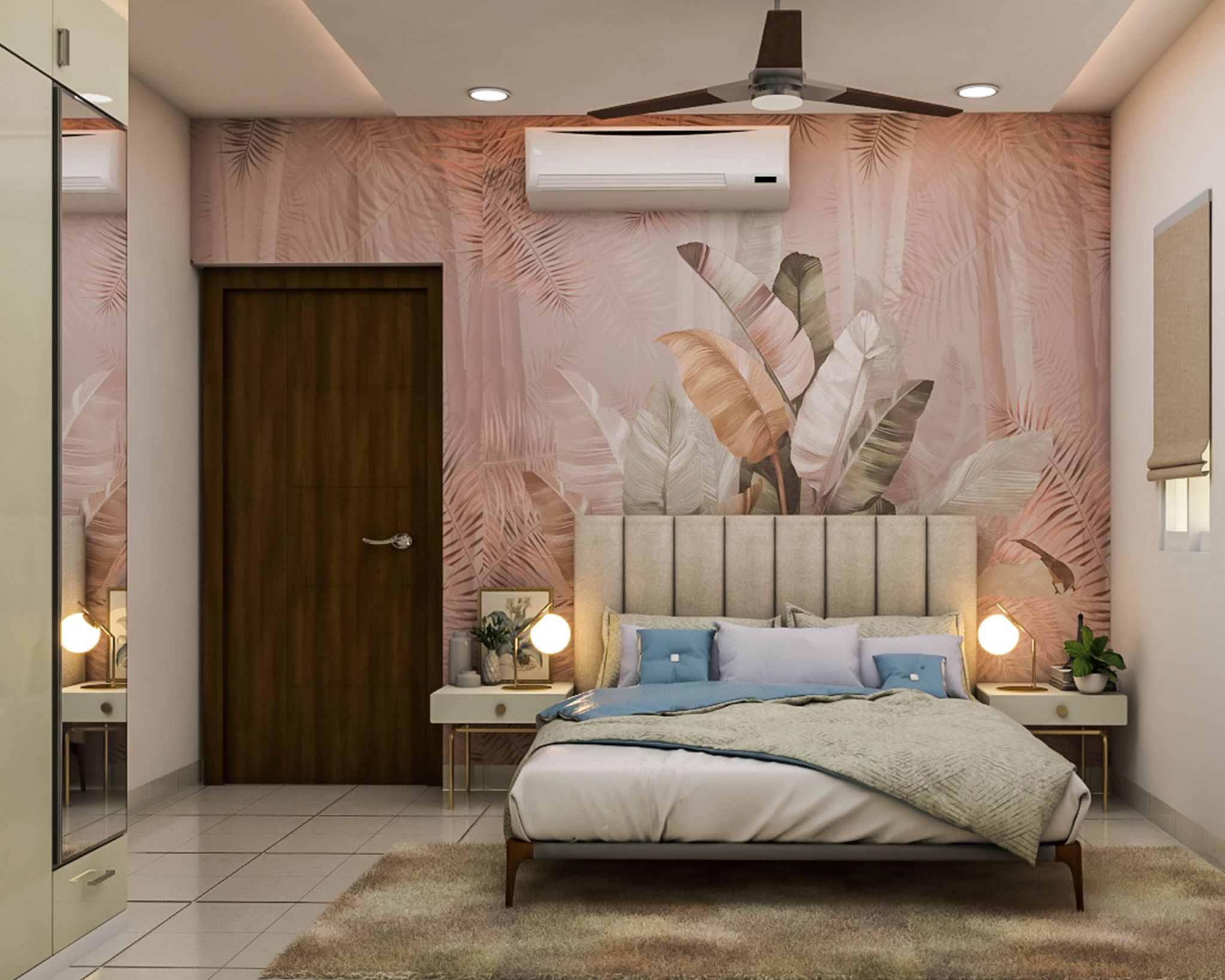 Master Bedroom Design With Bold Tropical Wallpaper | Livspace
