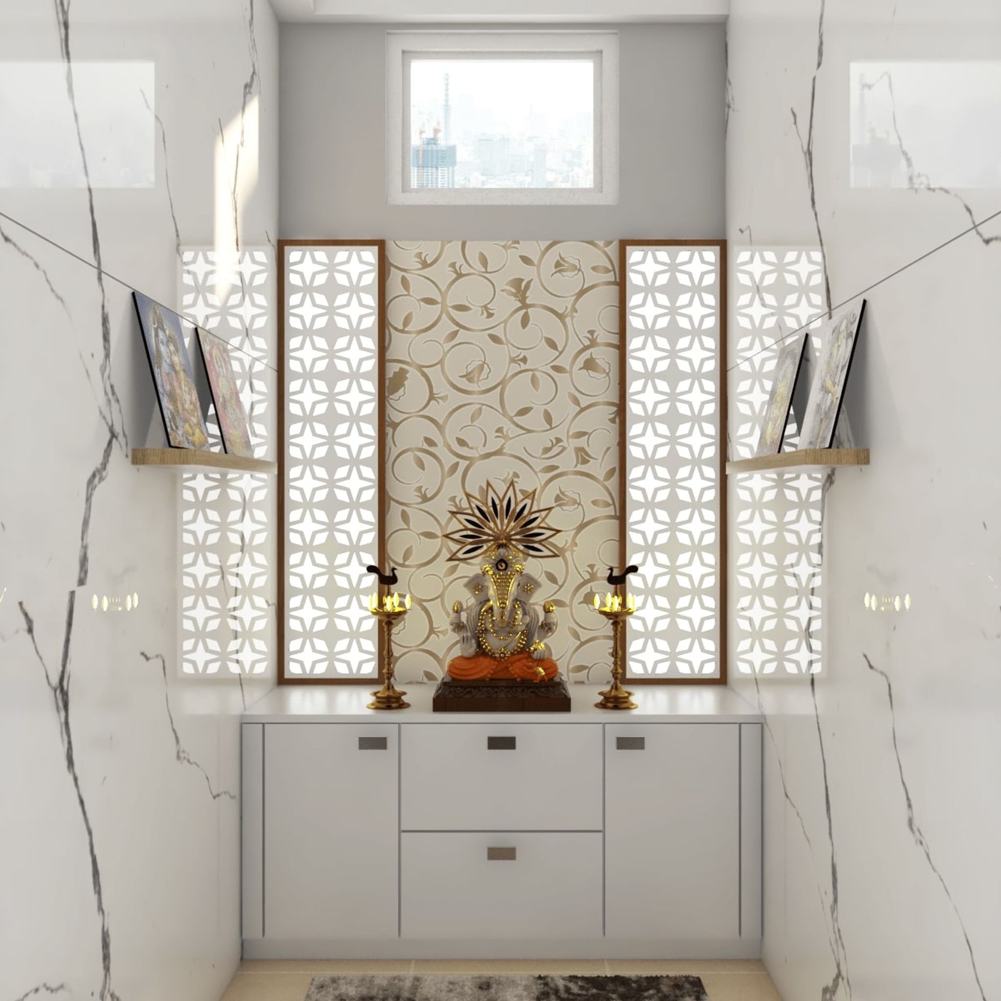 Spacious Pooja Room Design With White Theme And Large Storage | Livspace