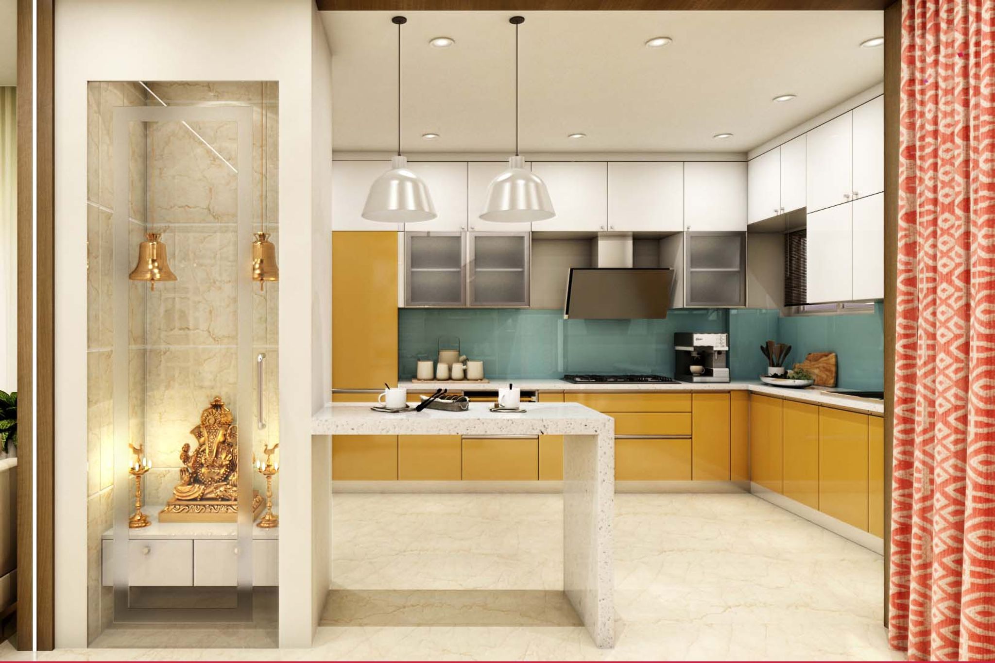 Compact Kitchen Integrated Pooja Room Design | Livspace