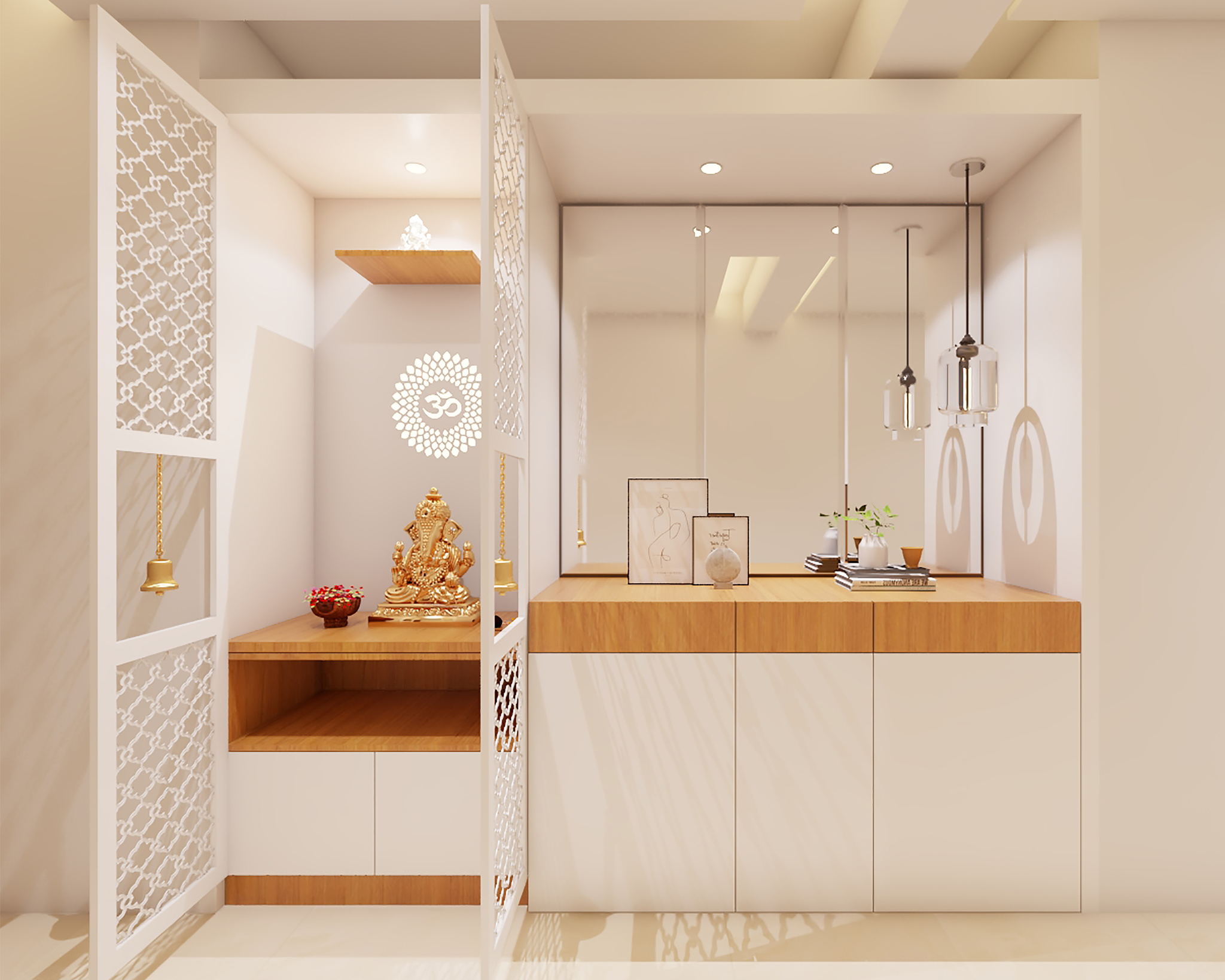 Maximum Storage Convenient Contemporary Puja Room Design | Livspace