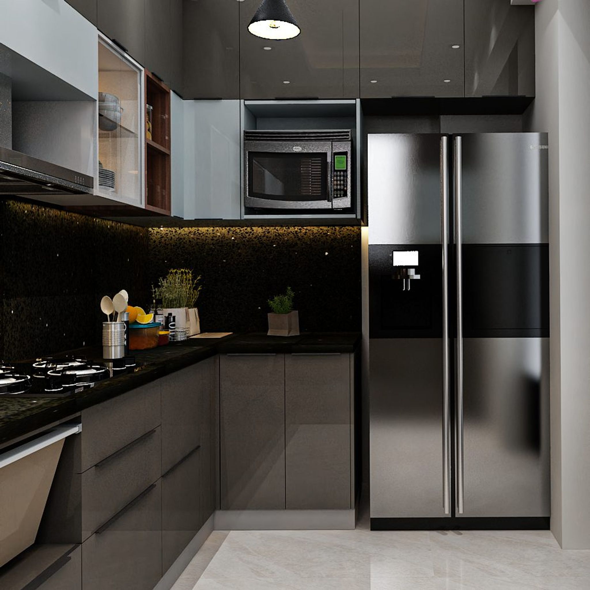 Spacious U-Shaped Kitchen Design With Dark Shades And Handleless ...