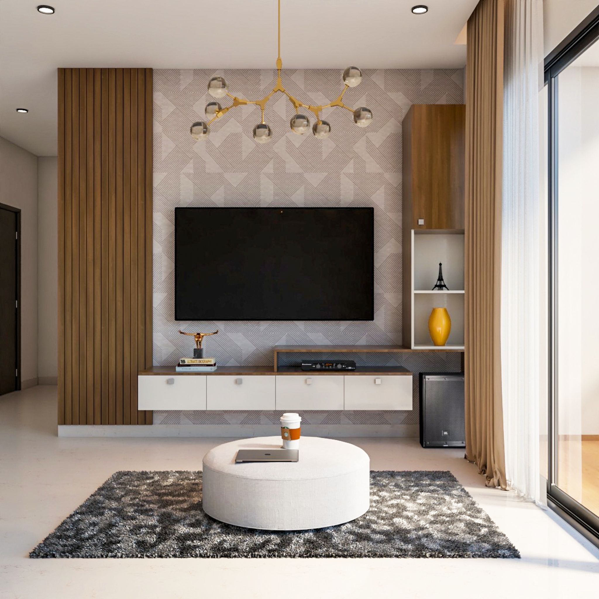 Spacious TV Unit Design With Hanging Chandelier And Wooden Panels | Livspace