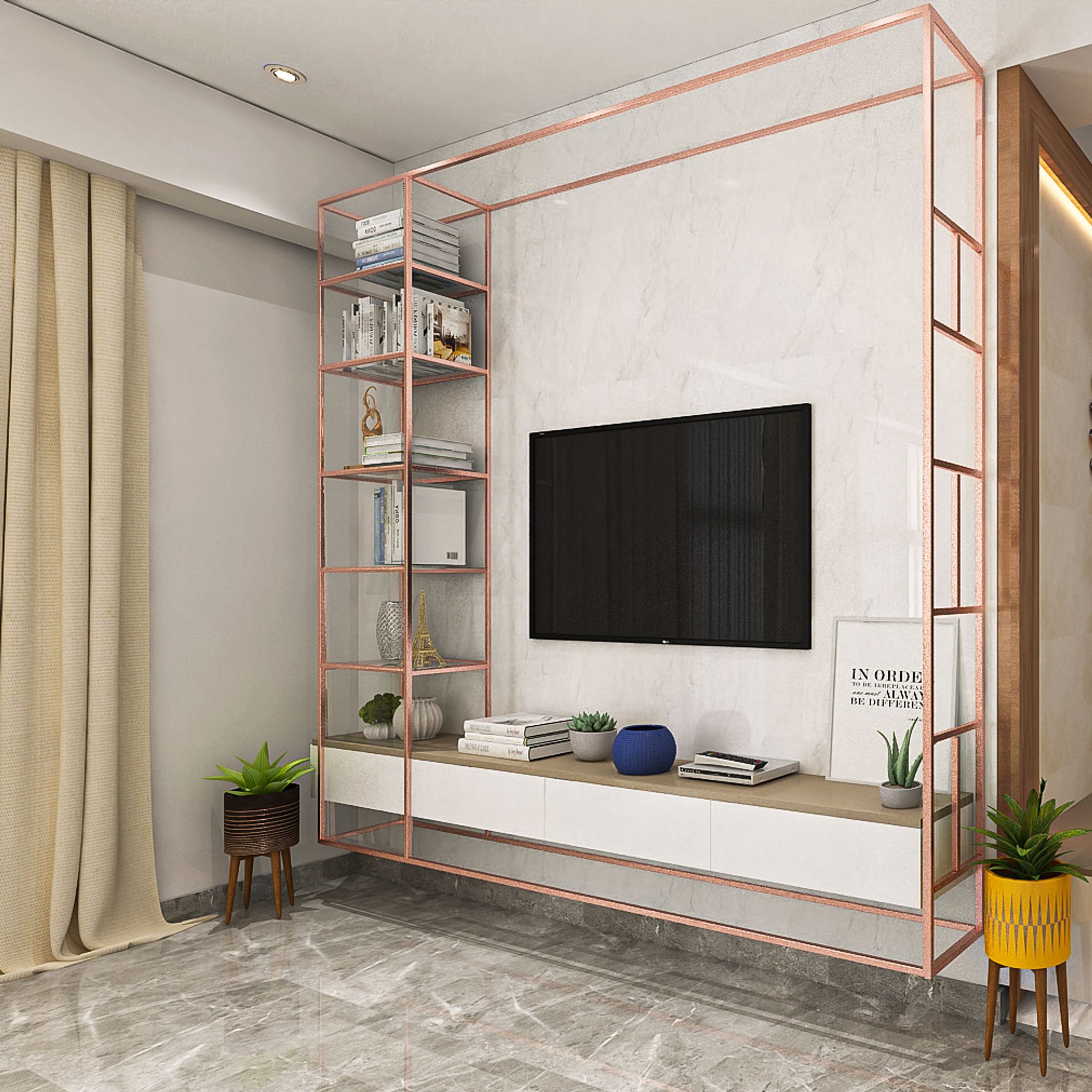 Spacious TV Unit Design With Console Unit And Metallic Rack | Livspace