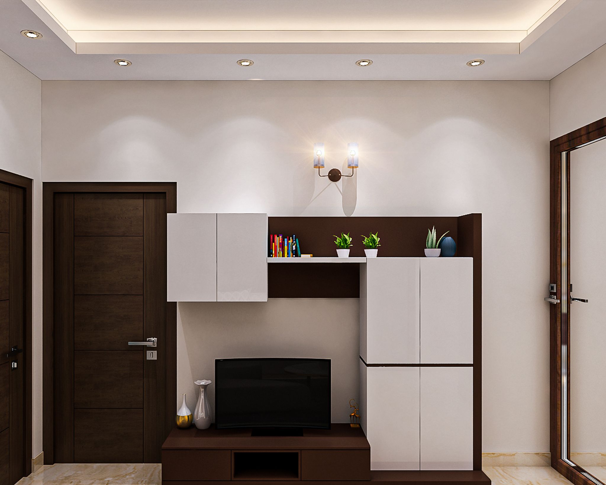 Contemporary TV Unit Design With Dark Brown And White Shades | Livspace