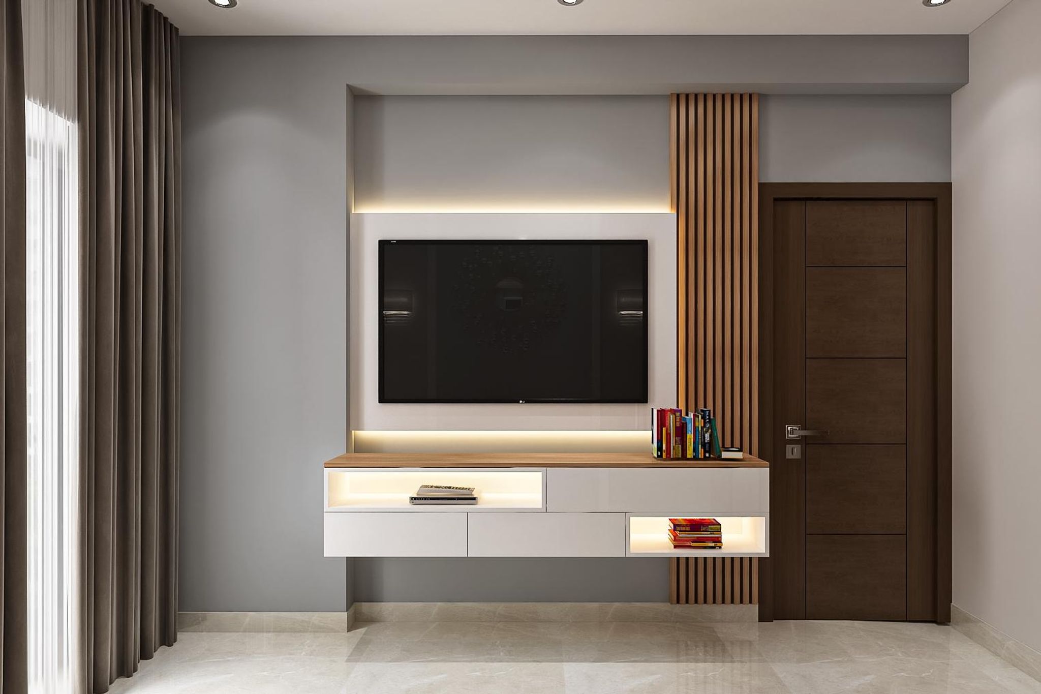 Neutral Spacious TV Unit Design With Grey Wall | Livspace