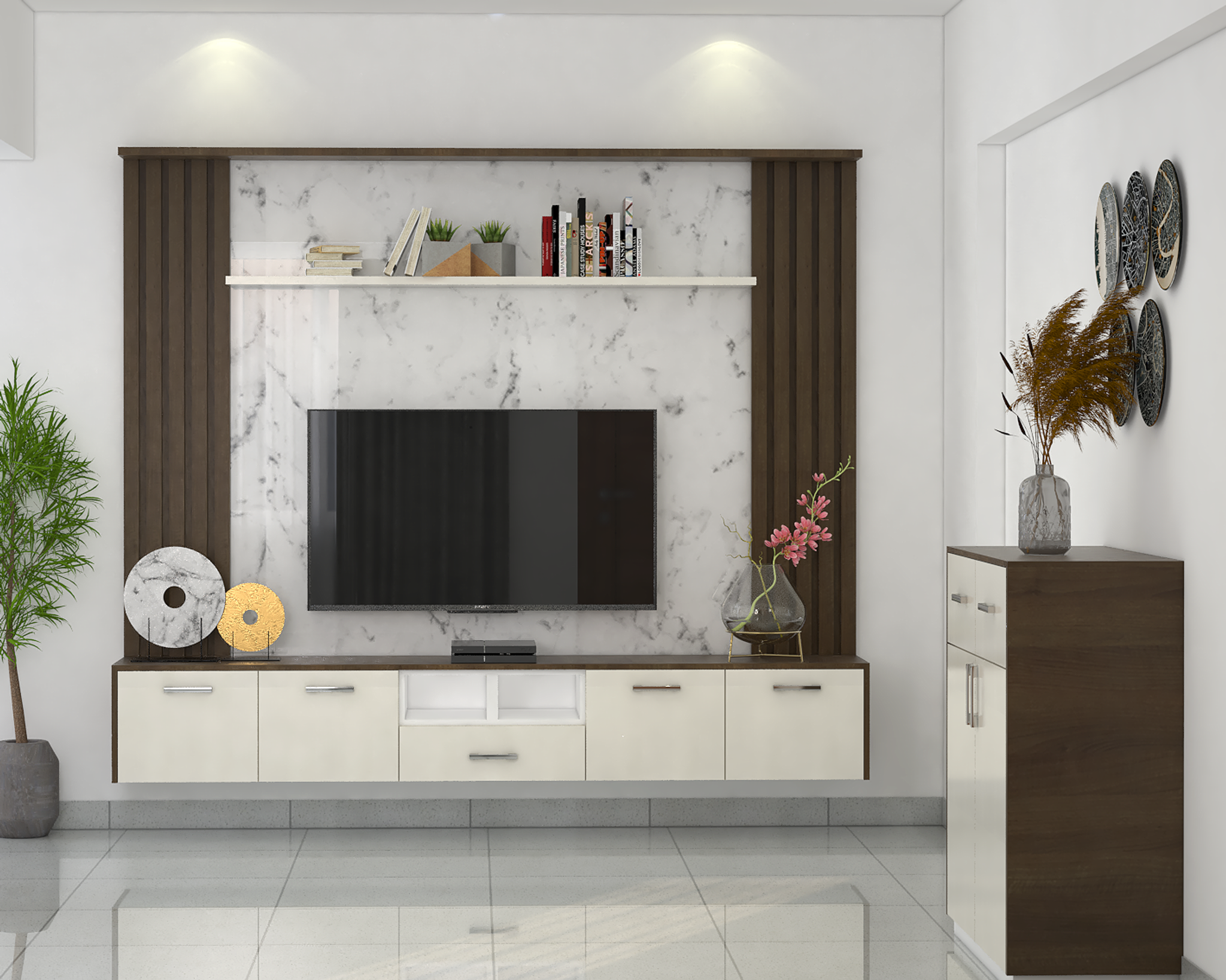 Contemporary Style TV Unit Designed With Storage Cabinet | Livspace