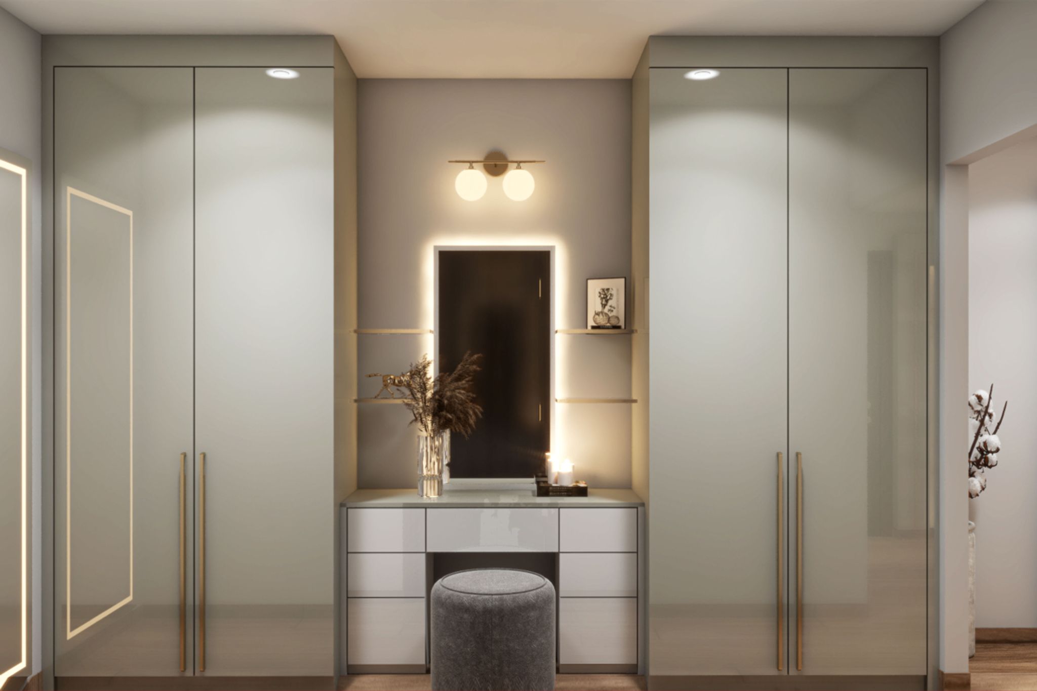 Contemporary Walk-In Wardrobe Design With Dressing Unit | Livspace