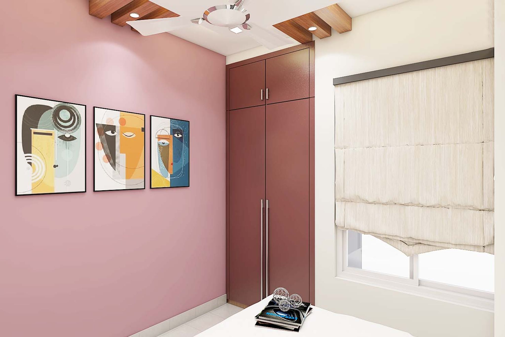 Compact Maroon Swing Shutter Wardrobe Design With Lofts | Livspace