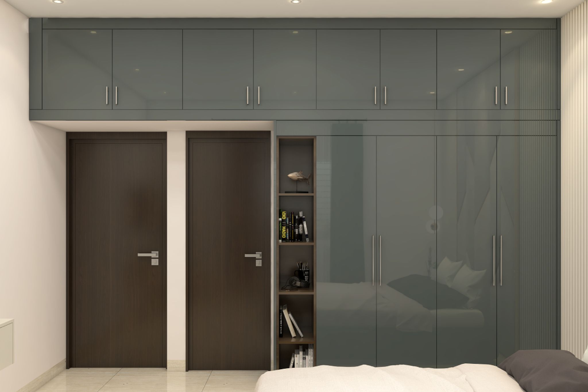 Blue Glossy Finish Modern Wardrobe With Loft | Livspace