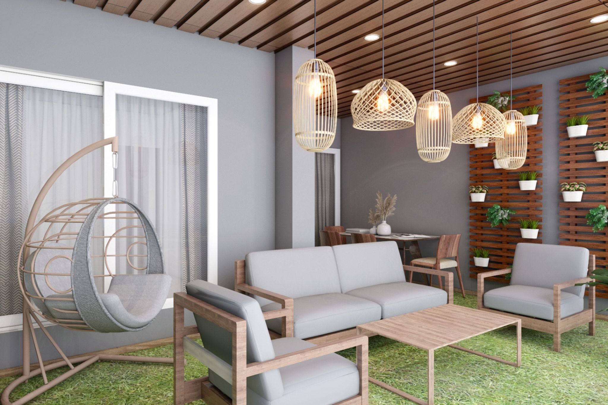 Spacious Contemporary Balcony Design with Grey Accent Wall and Vertical Wall Planters | Livspace