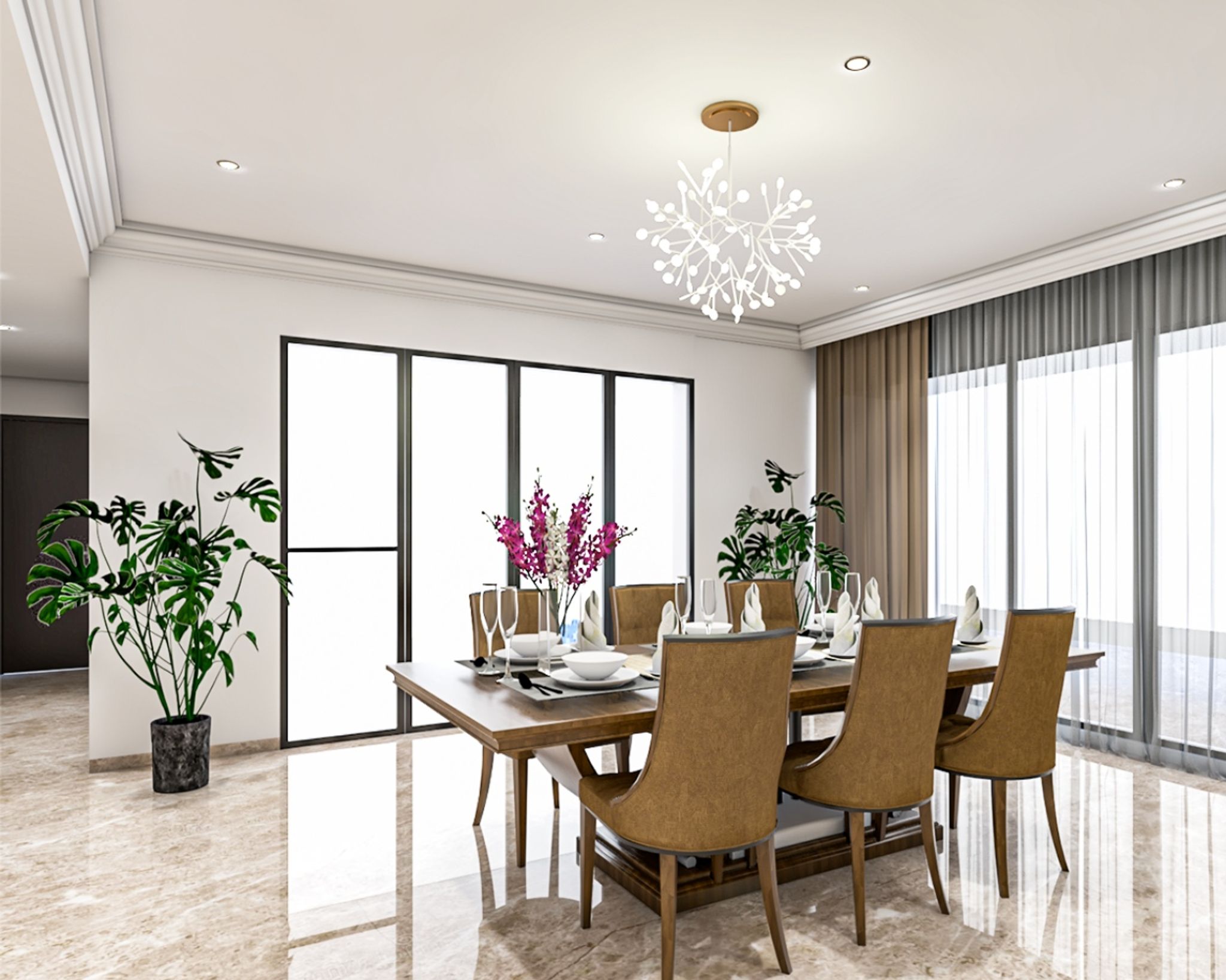 6-Seater Wood And Beige Dining Room Design - 15x14 Ft | Livspace