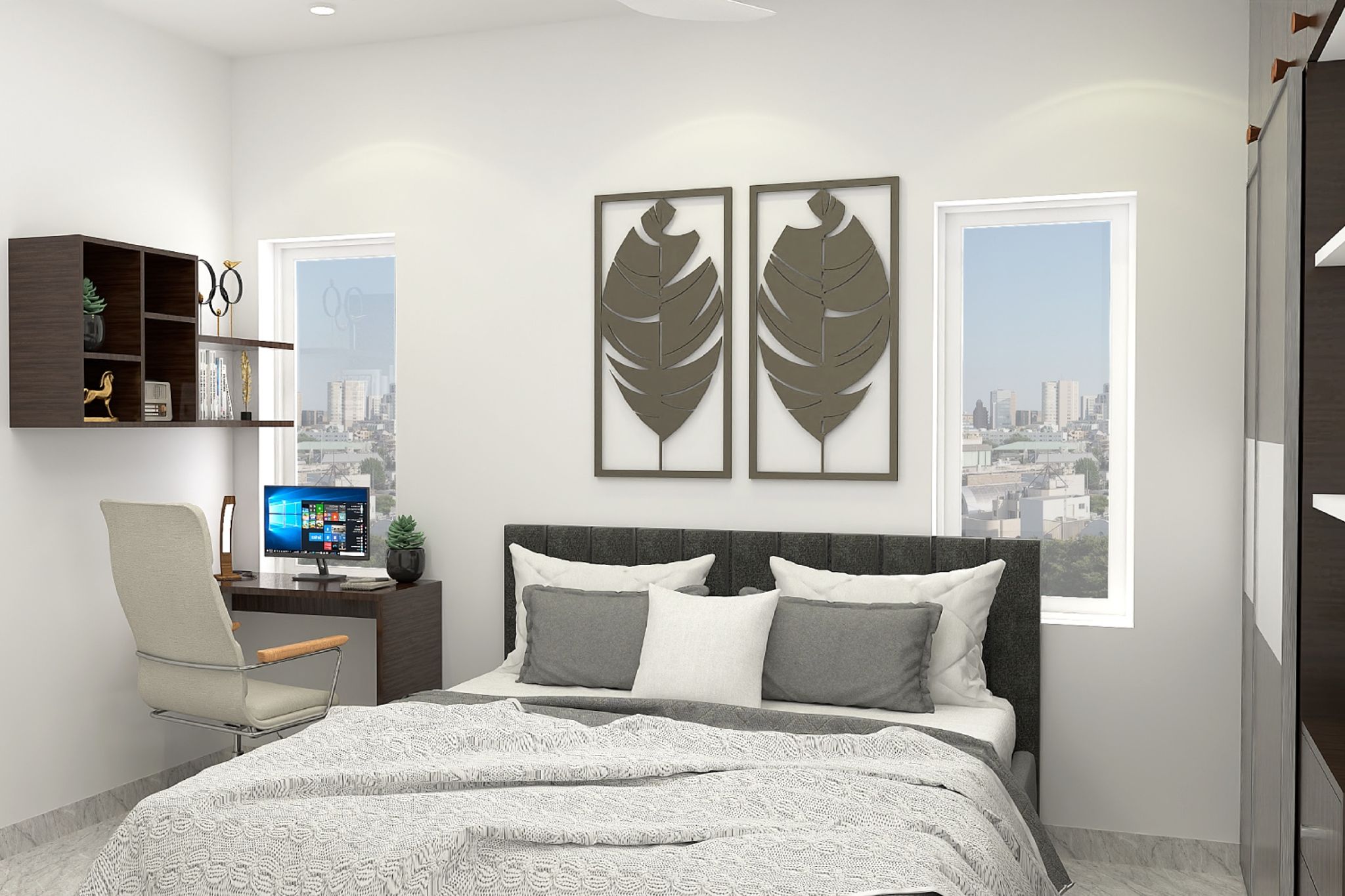 Grey And Brown Guest Room Design With Queen-Sized Bed And Grey ...