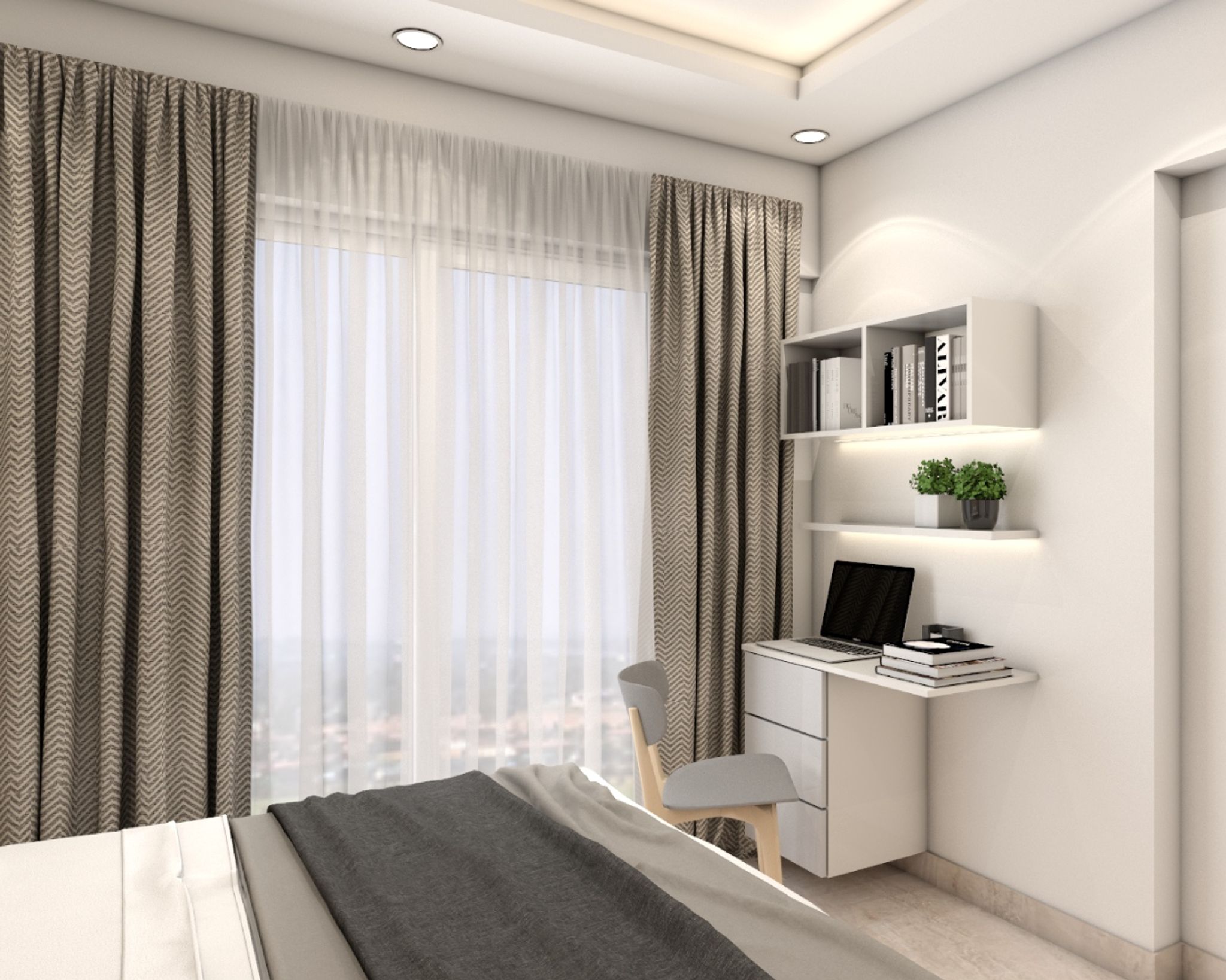 Pastel-Toned Guest Bedroom Design With White 2-Door Sliding Wardrobe ...