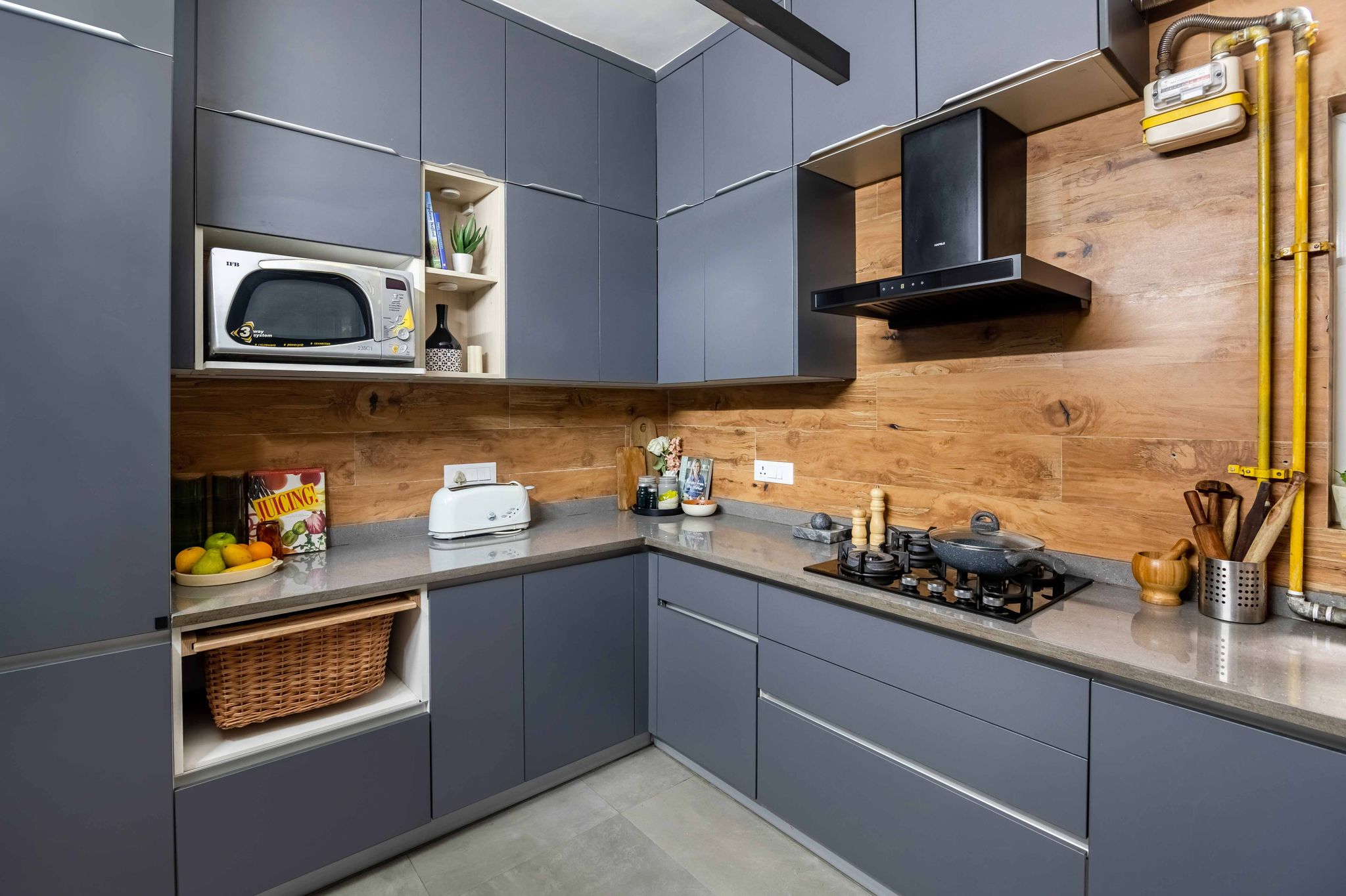U-Shaped Modular Kitchen Design In Grey And Wood - 12x7 Ft | Livspace