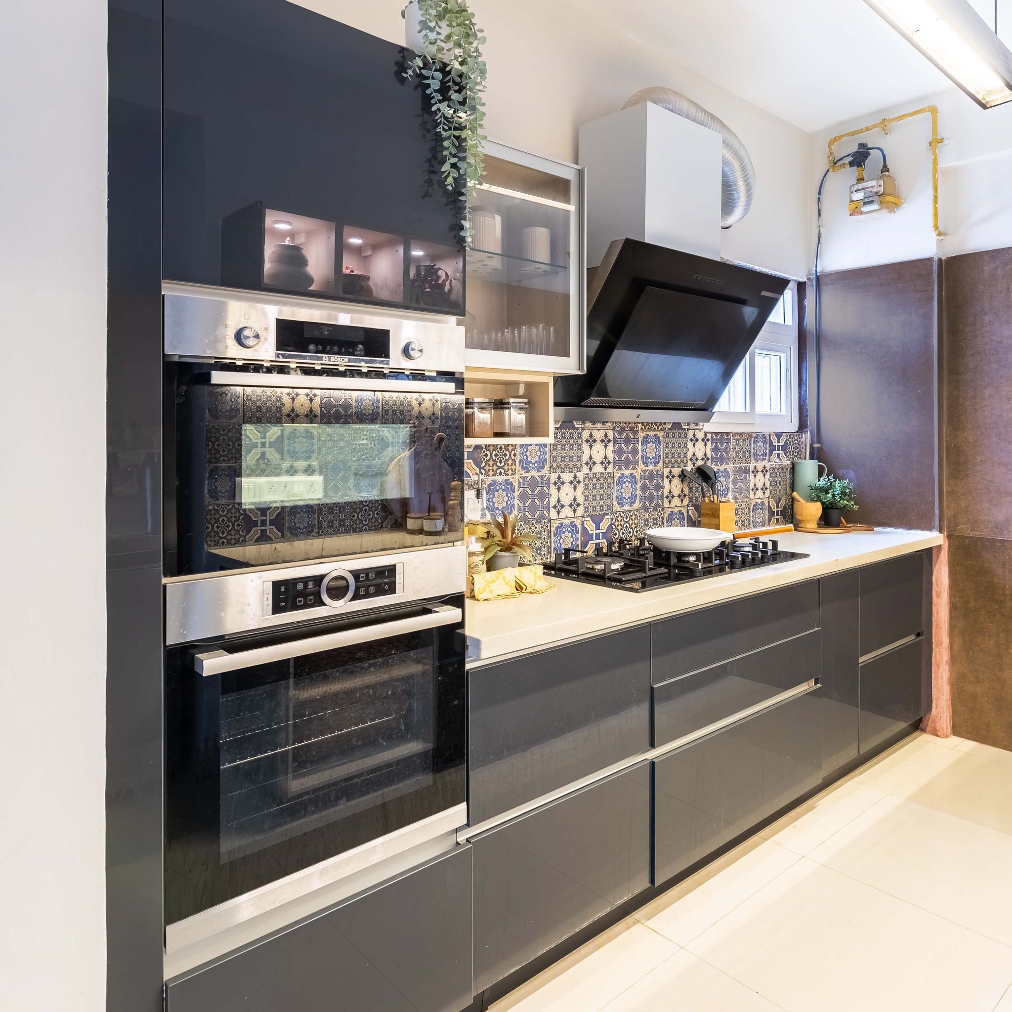Modern Parallel Kitchen Design with Dark Grey Cabinets - 7x9 Ft | Livspace