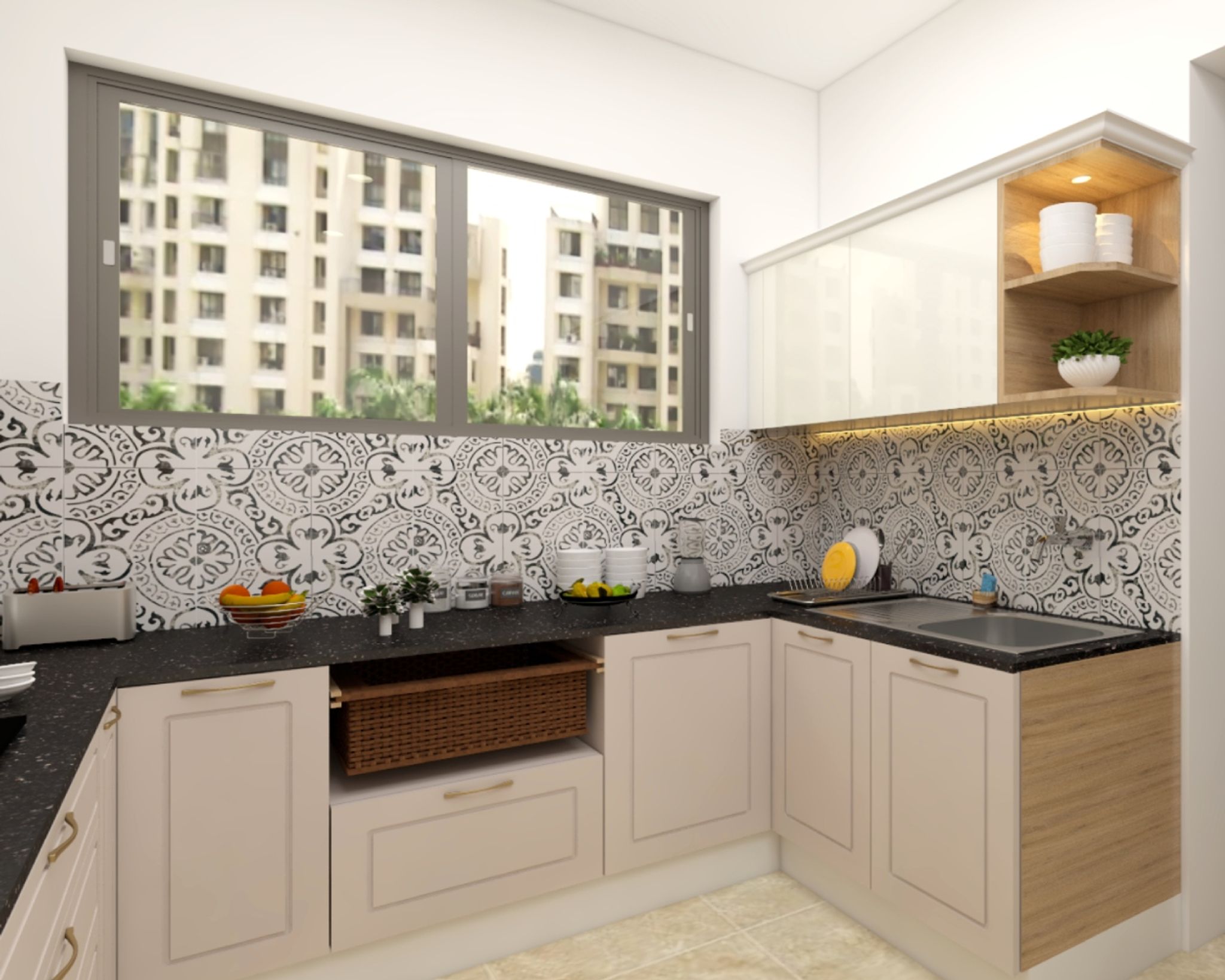 Modular Beige And White U Shaped Kitchen Design | Livspace