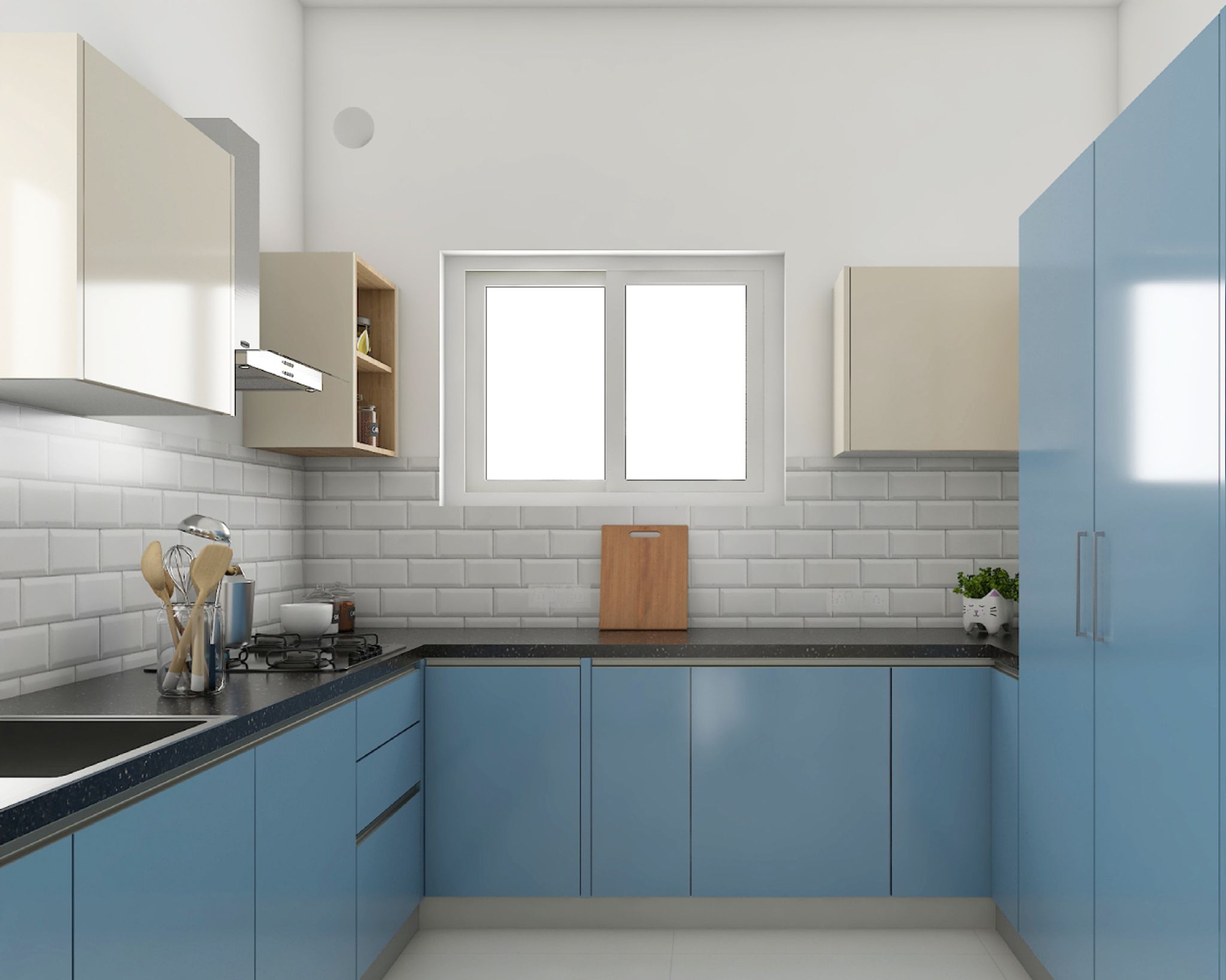 Modular Champagne-Toned And Denim Suedette U Shaped Kitchen Design | Livspace