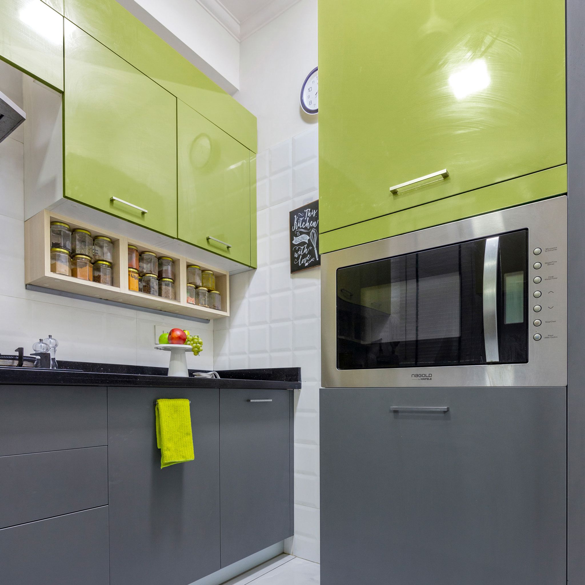 Modern L-Shape Modular Kitchen Design with Dark Grey Base and Tall ...