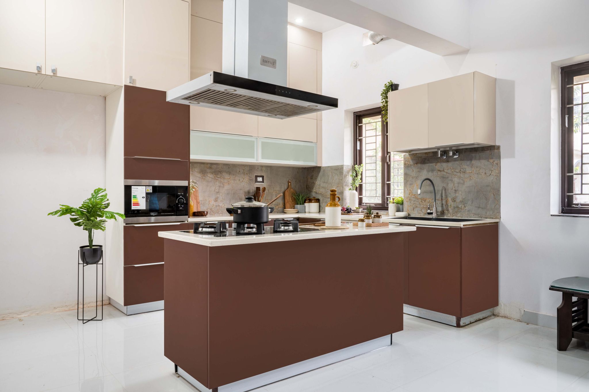 Modern Island Kitchen Design with Tan SF Base and Tall Units - 12x9 Ft ...