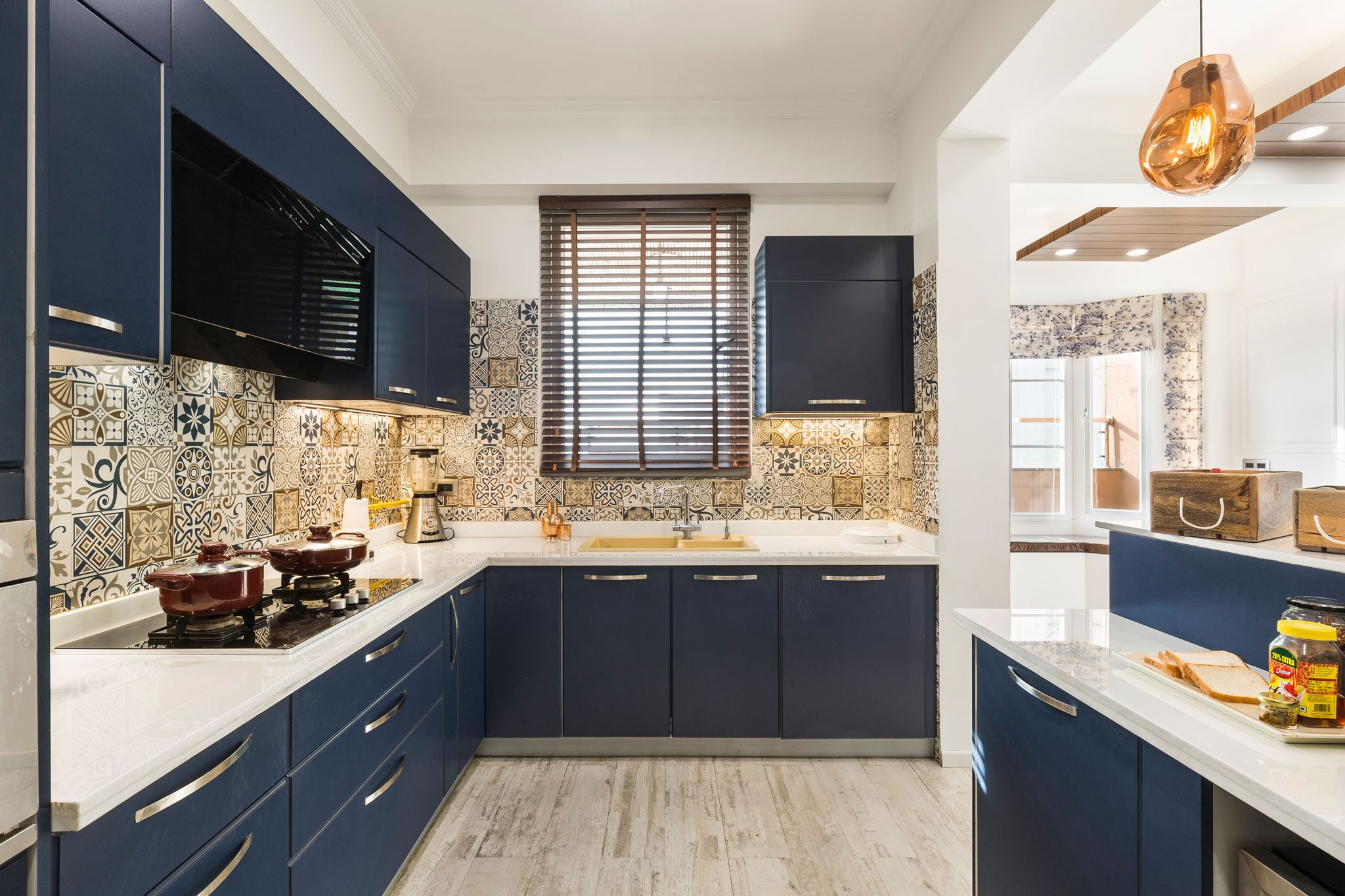 Modern L-Shape Modular Kitchen Design With Wave Blue Cabinets and ...