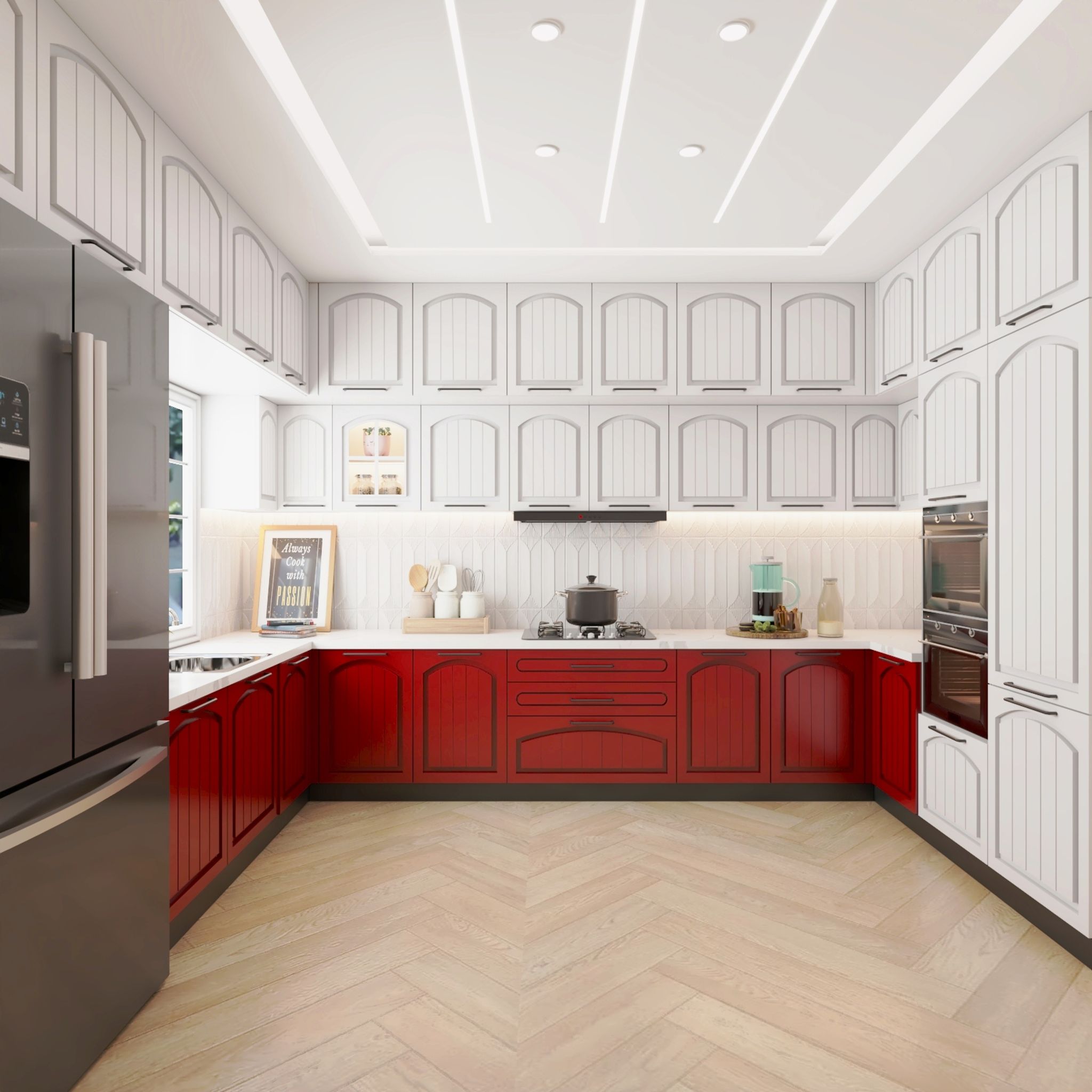 U-Shaped Kitchen Design With Red And White Cabinets - 16x16 Ft | Livspace