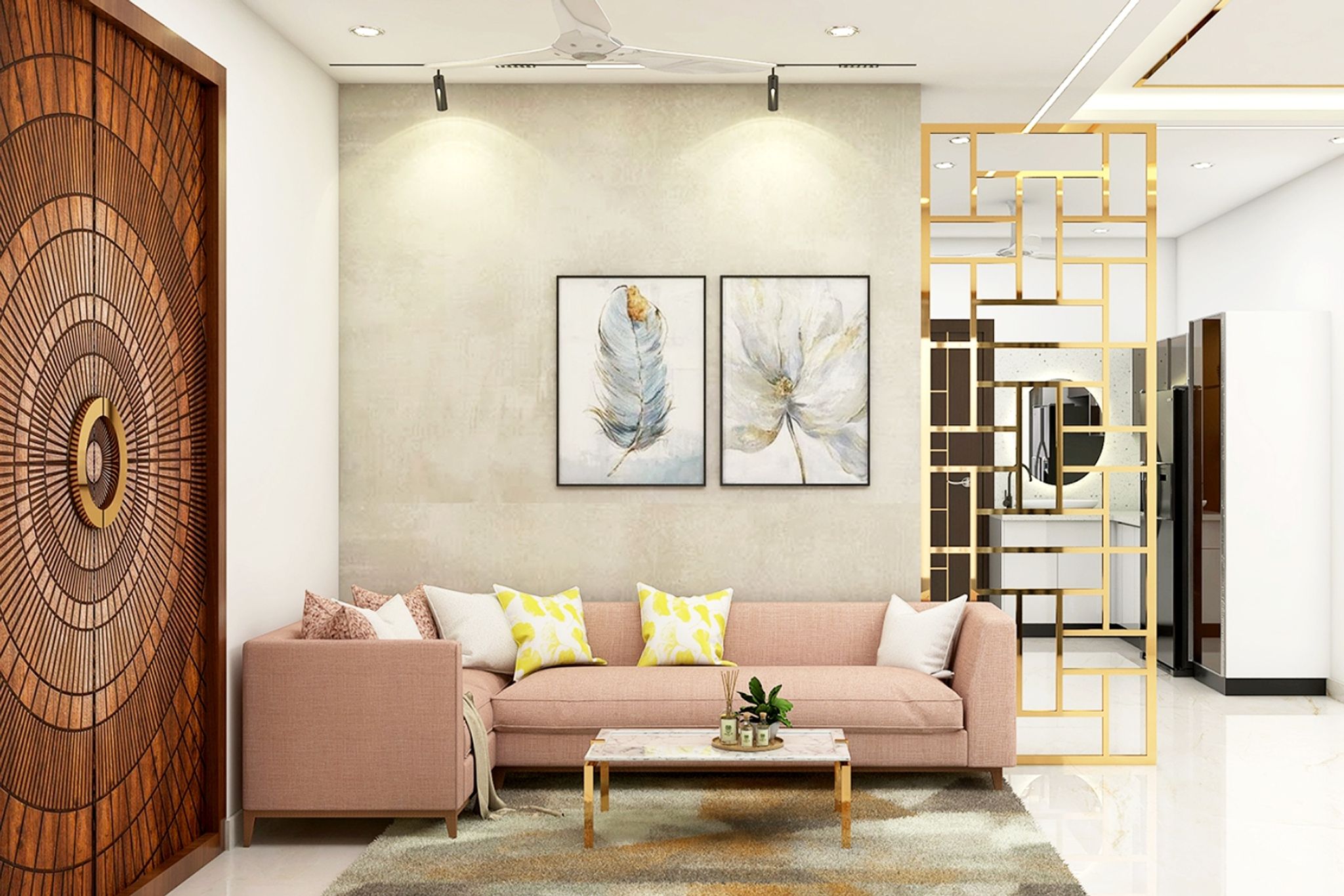 Living Room Design With L-Shaped Peach Sofa - 14x13 Ft | Livspace