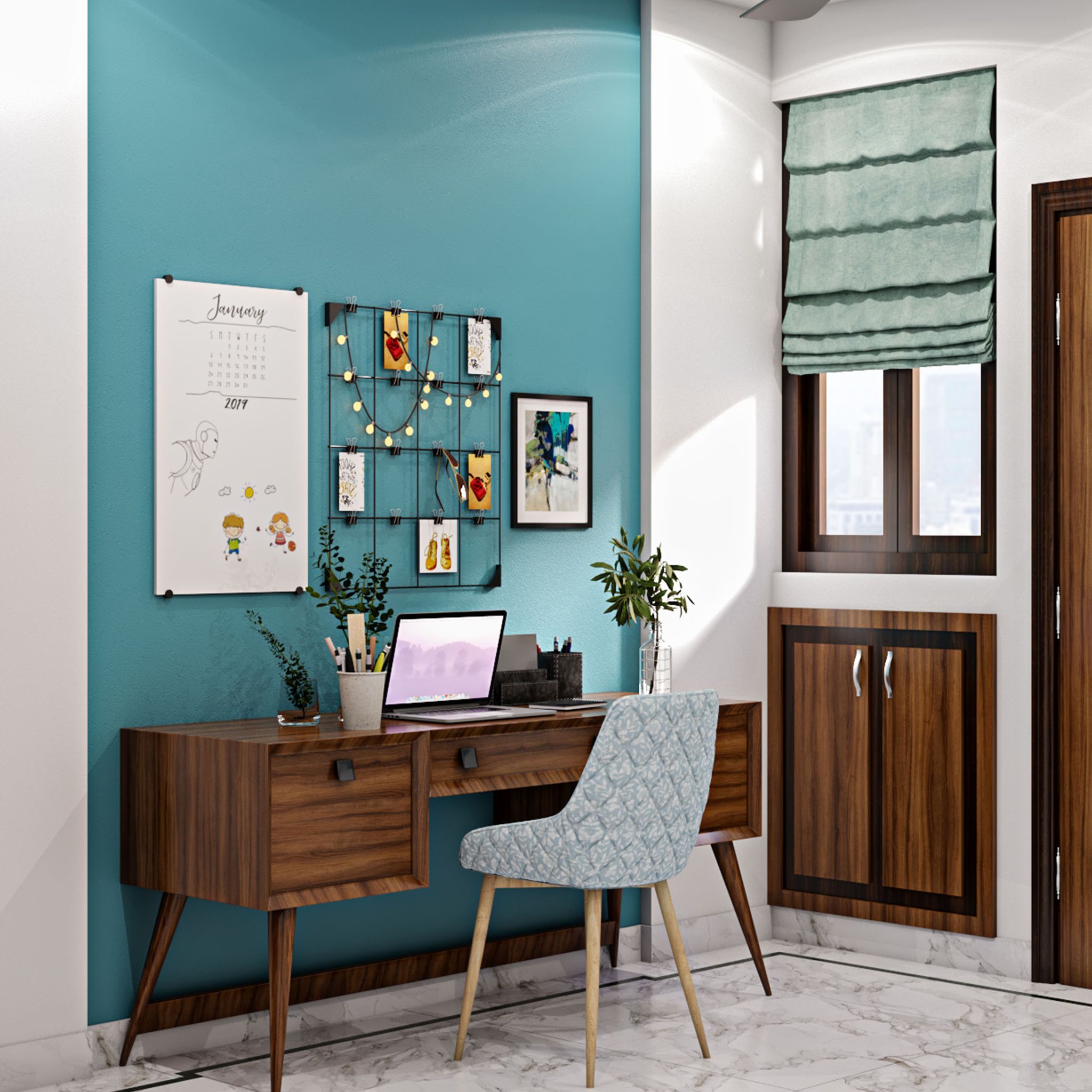 Modern Wooden Study Room Design With Blue Accent Wall | Livspace