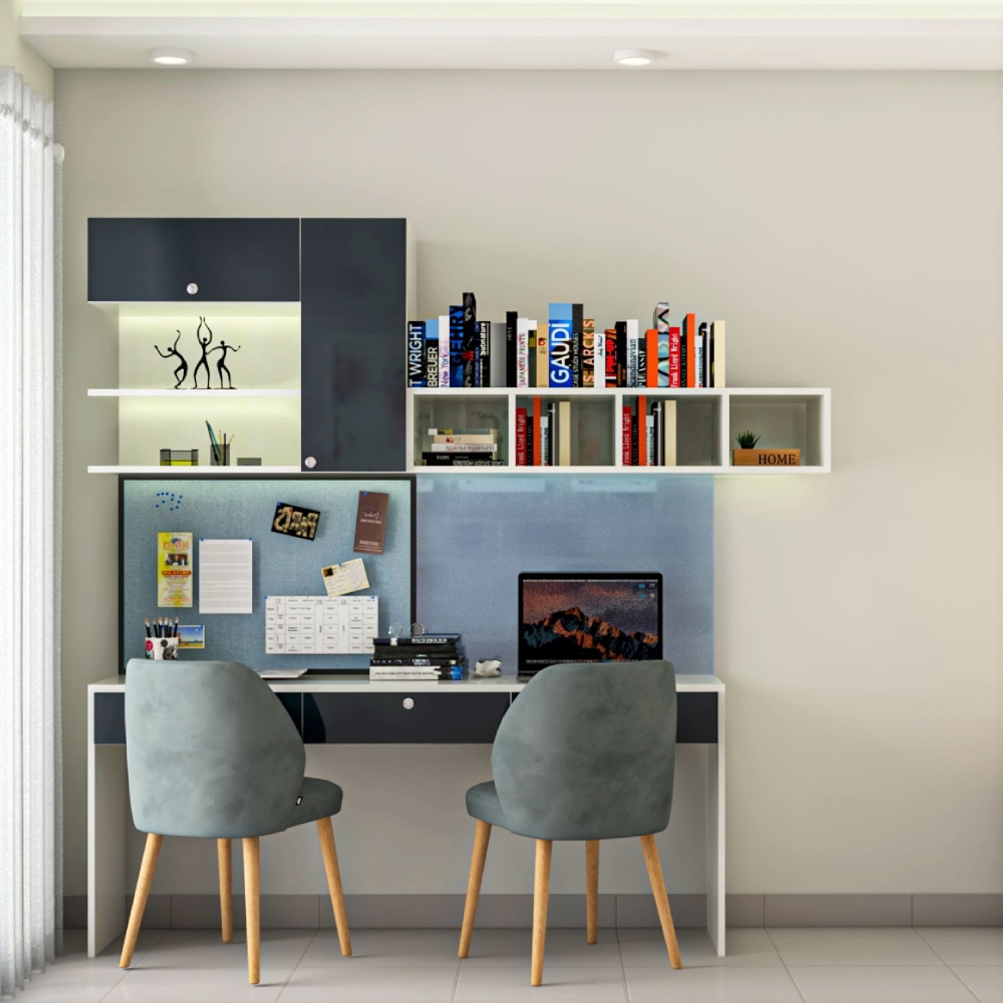 Modern Frosty White And Dark Blue Study Room Design For Two | Livspace