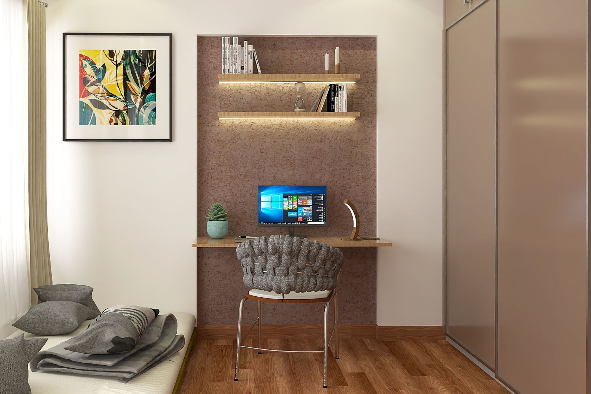 Contemporary Study Room Design With Wall-Niche Study Table | Livspace