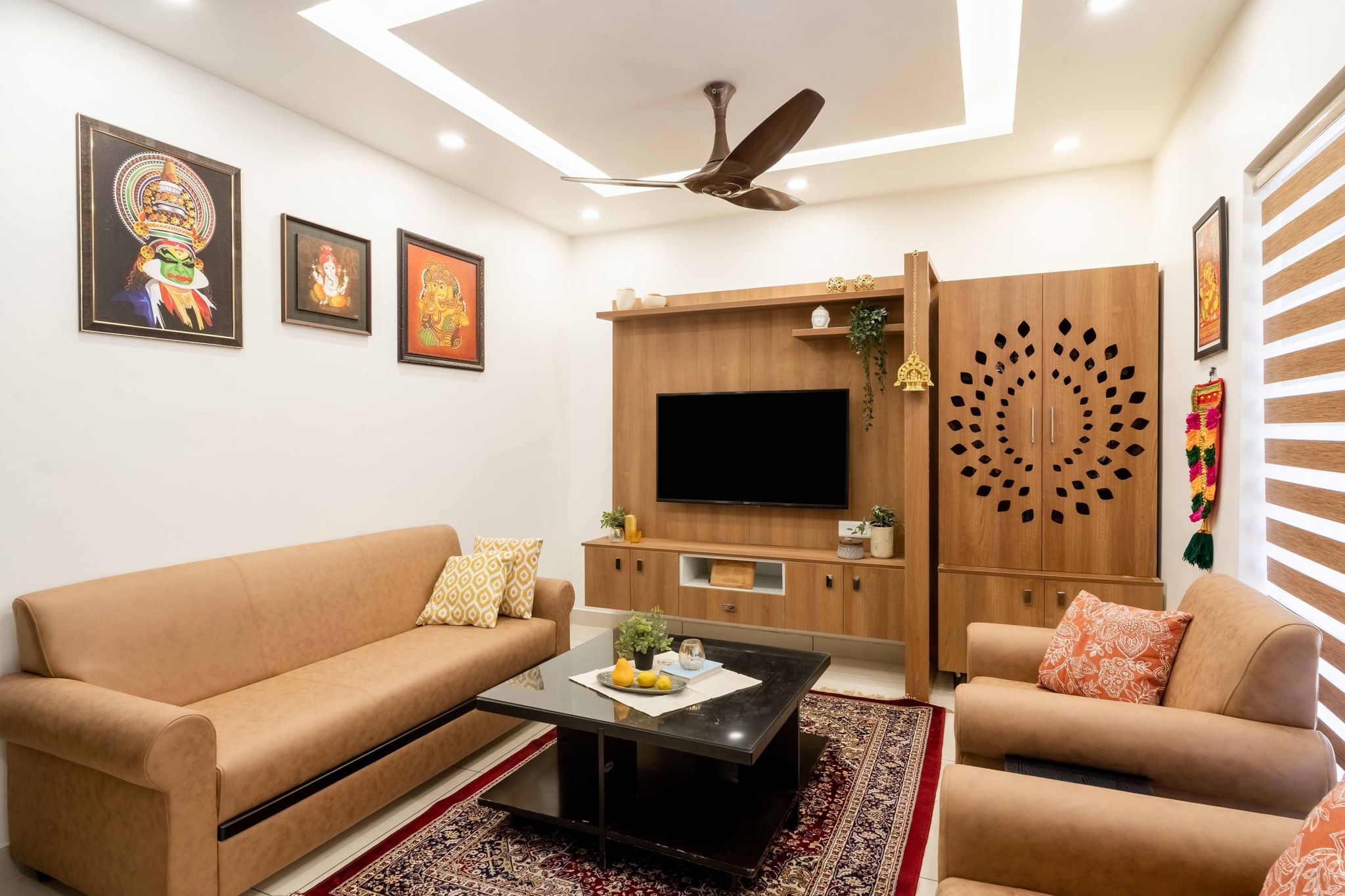 Wall-Mounted Walnut Bronze TV Unit Design With Base Cabinets | Livspace