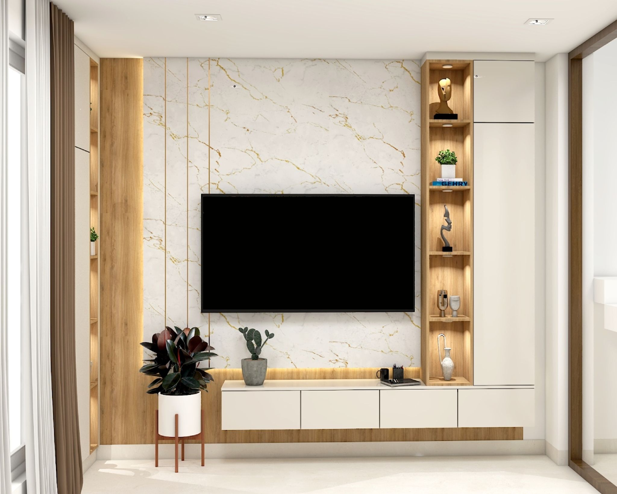 Contemporary Frosty White TV Unit Design with Glossy Finish and Tahiti ...