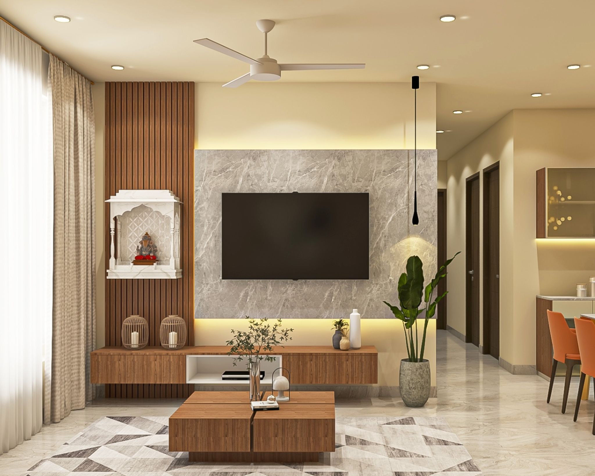 TV Unit Design With Grey Marble Accent Wall And Wooden Fluted Panels ...