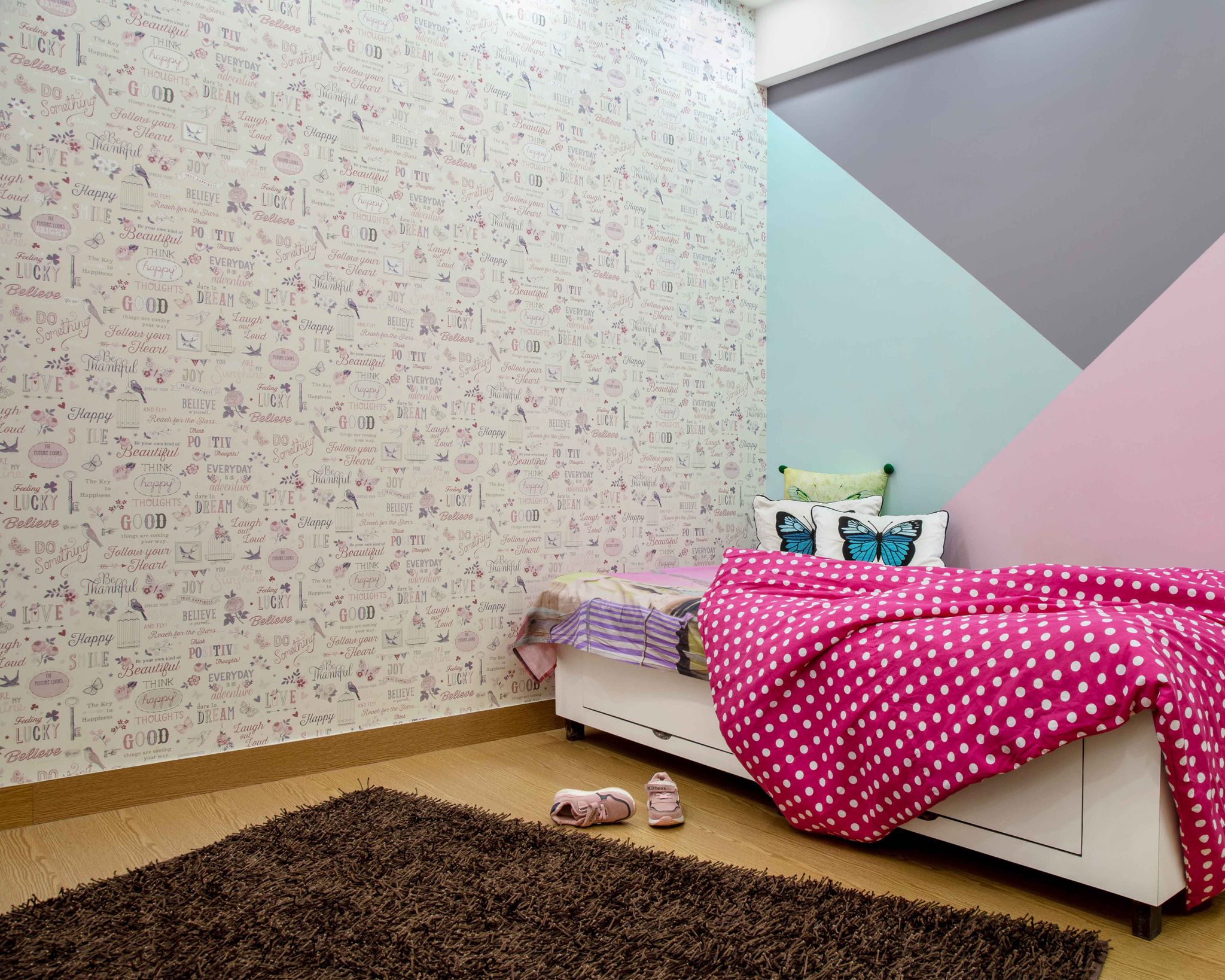 Typography Multicoloured Bedroom Wallpaper Design | Livspace