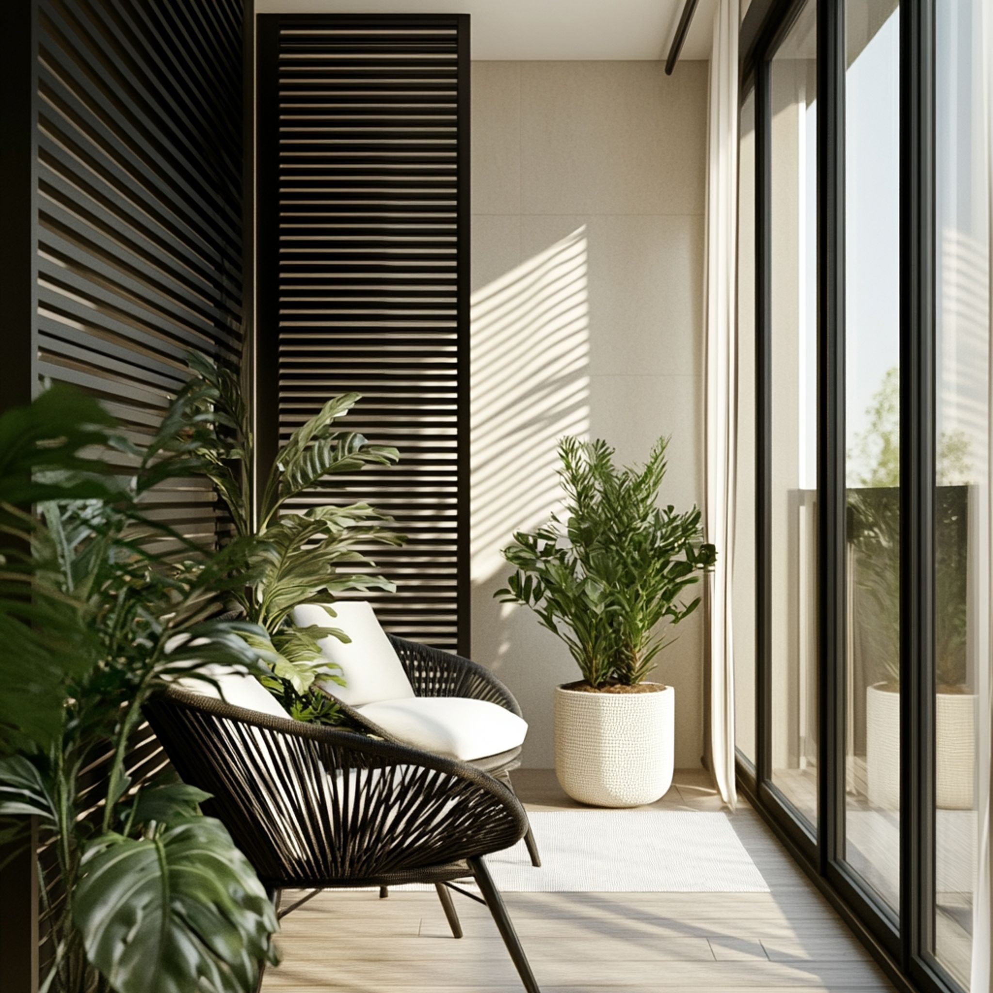 Stylish Modern Balcony Design with Wicker Chairs and Wooden Plank ...