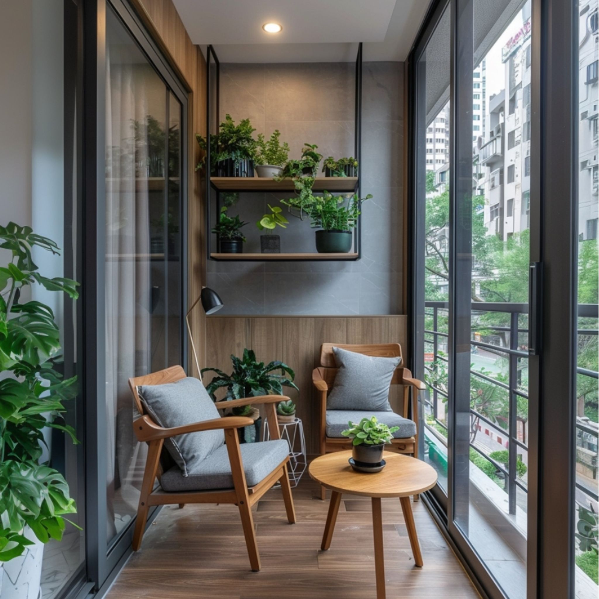 Wooden Wall Panel and Grey Wall Tile Contemporary Balcony Design | Livspace