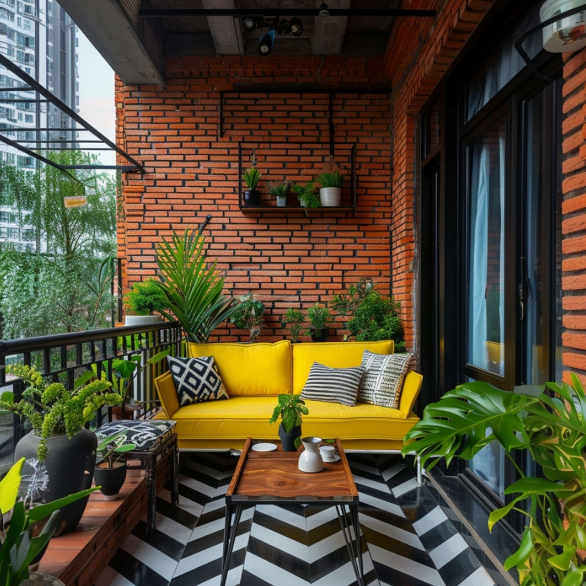 Tropical Balcony Design: Yellow Sofa, Brick Wall Plant Shelves, Zigzag ...