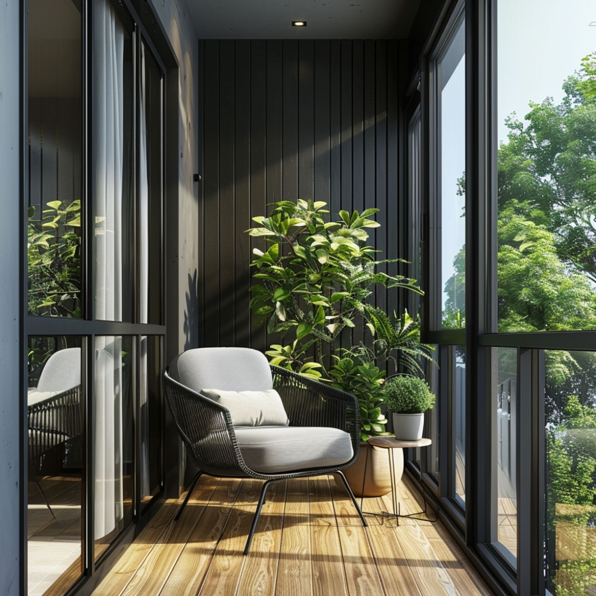 Tropical Balcony Design with Grooved Wall Panel and Comfy Accent Chair ...