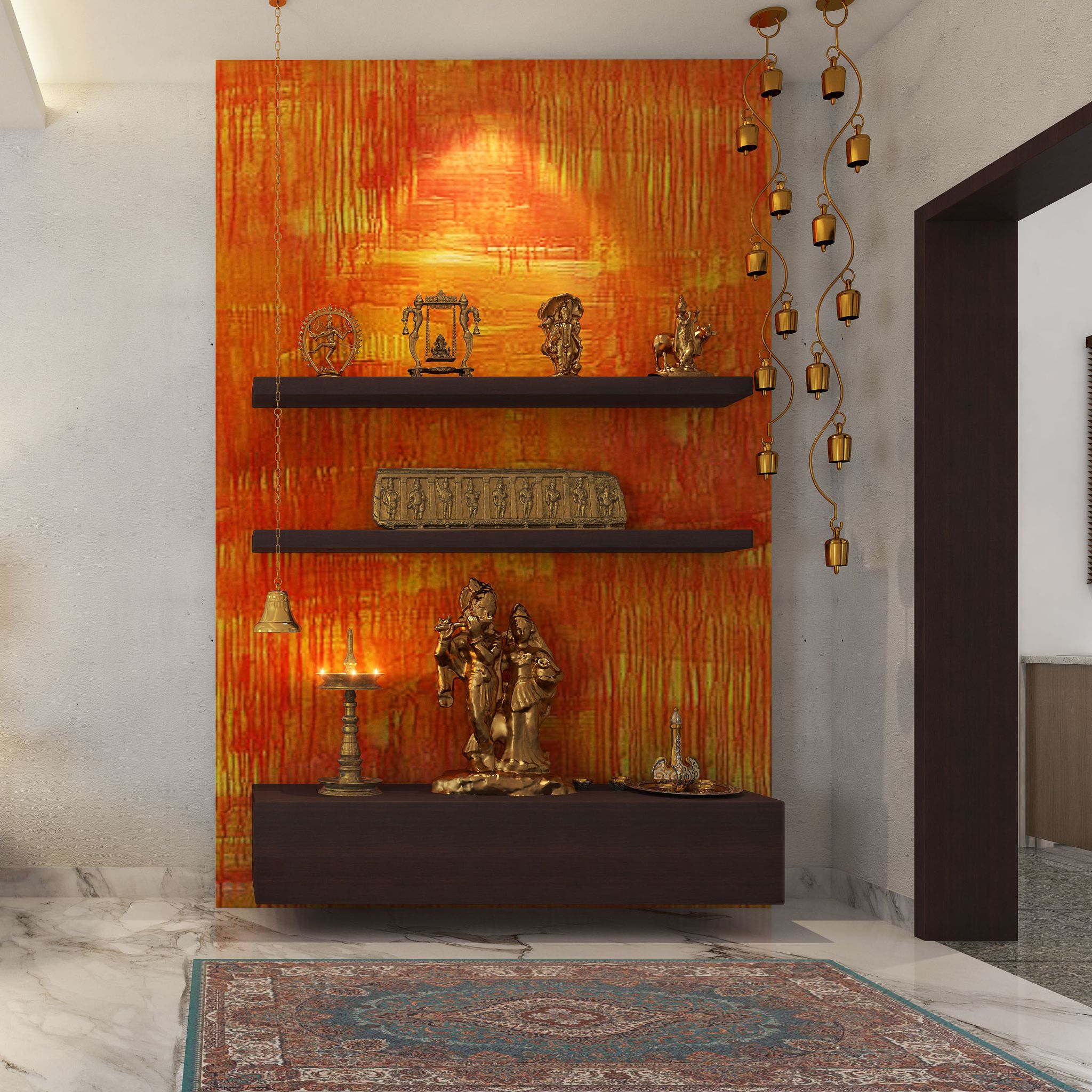 Wall Mounted Brazilian Walnut Traditional Pooja Unit Design with Drawer ...