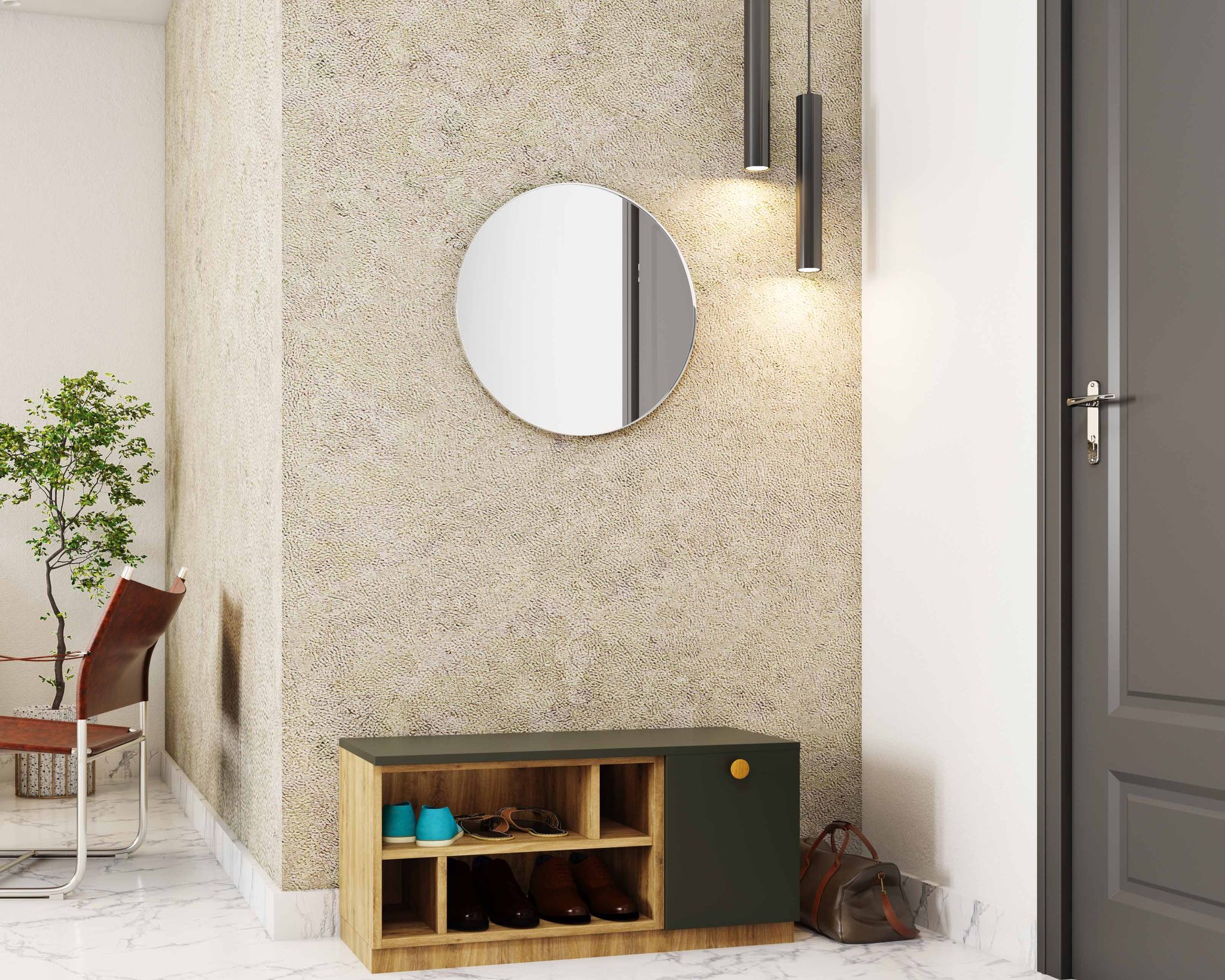 Functional Modern Foyer Design with Floor Mounted Storage and Hanging ...